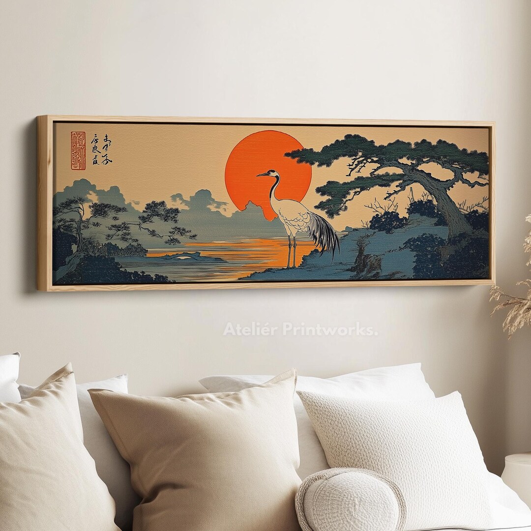 JAPANESE CRANE Long Narrow Horizontal Wall Art, Large Canvas Decor ...