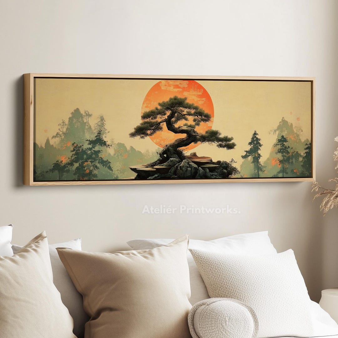 BONZAI TREE PAINTING Large Wide Horizontal Wall Art Framed Canvas ...