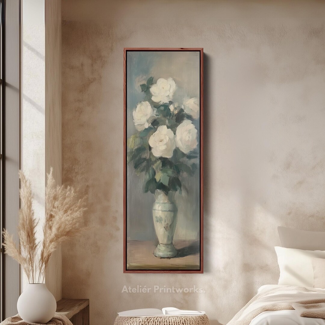 ANTIQUE WHITE ROSES Long Narrow Vertical Wall Art, Large Canvas Decor ...