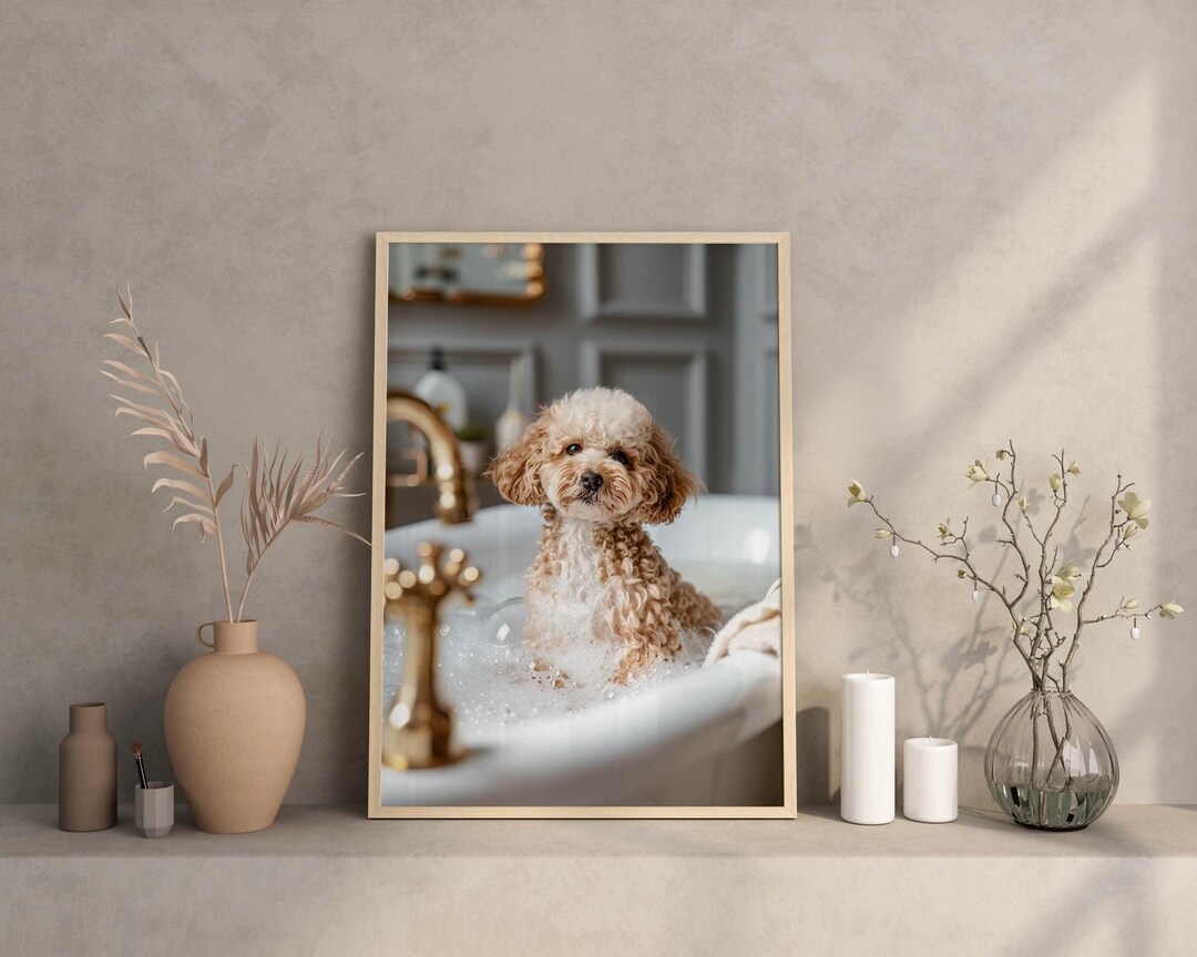 Charming Cavapoo in the Bath Wall Art Print, Adorable Dog in Bubble ...