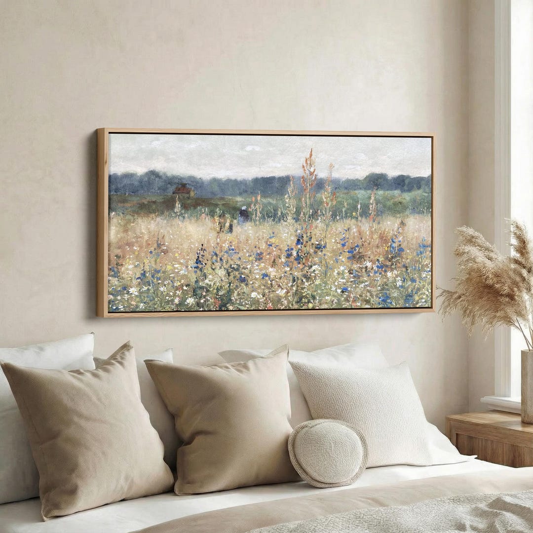 MEADOW FIELD LANDSCAPE Long Horizontal Wall Art Above Bed Framed Canvas ...