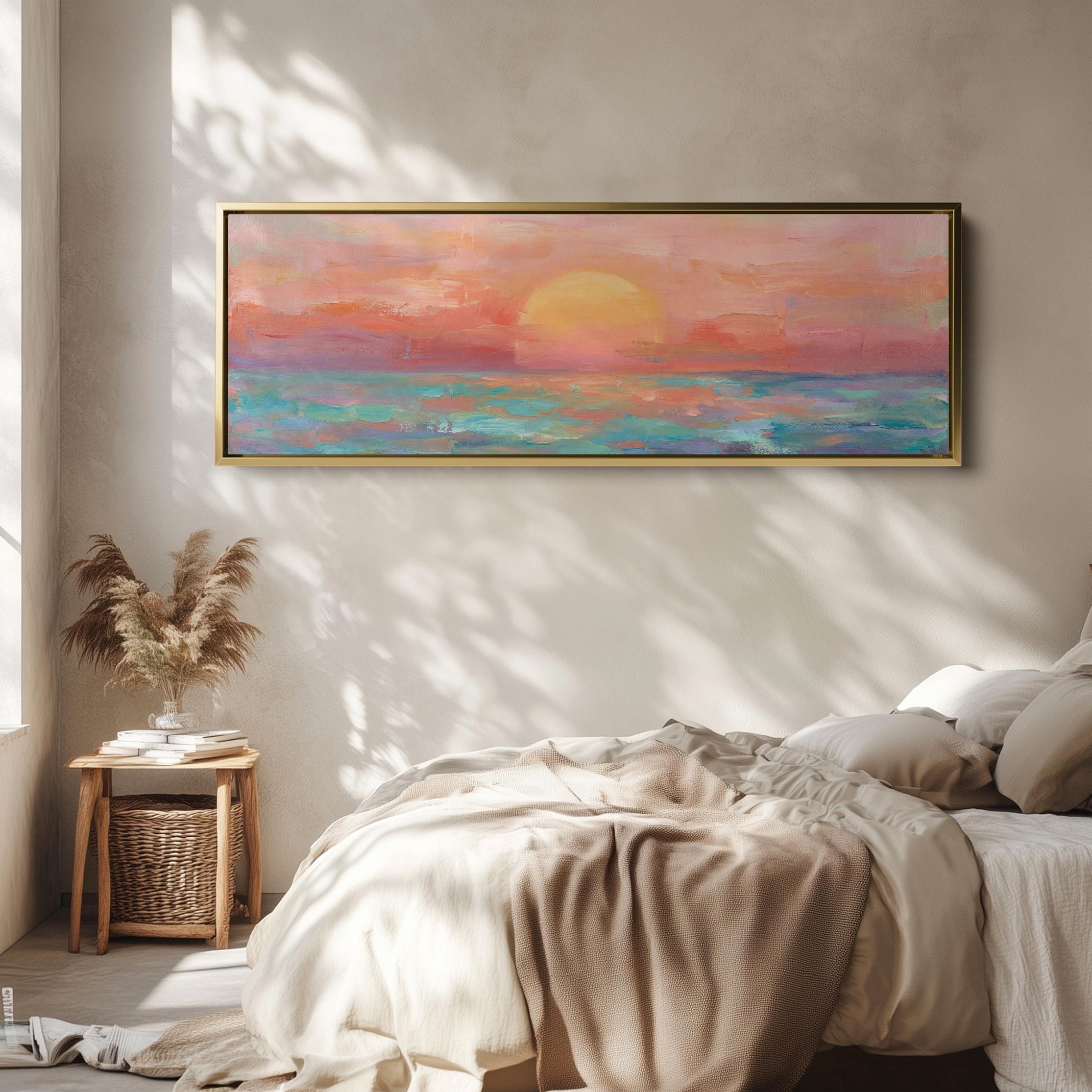 ABSTRACT SUNSET SEASCAPE Horizontal Wall Art With Pastel Brush Strokes ...