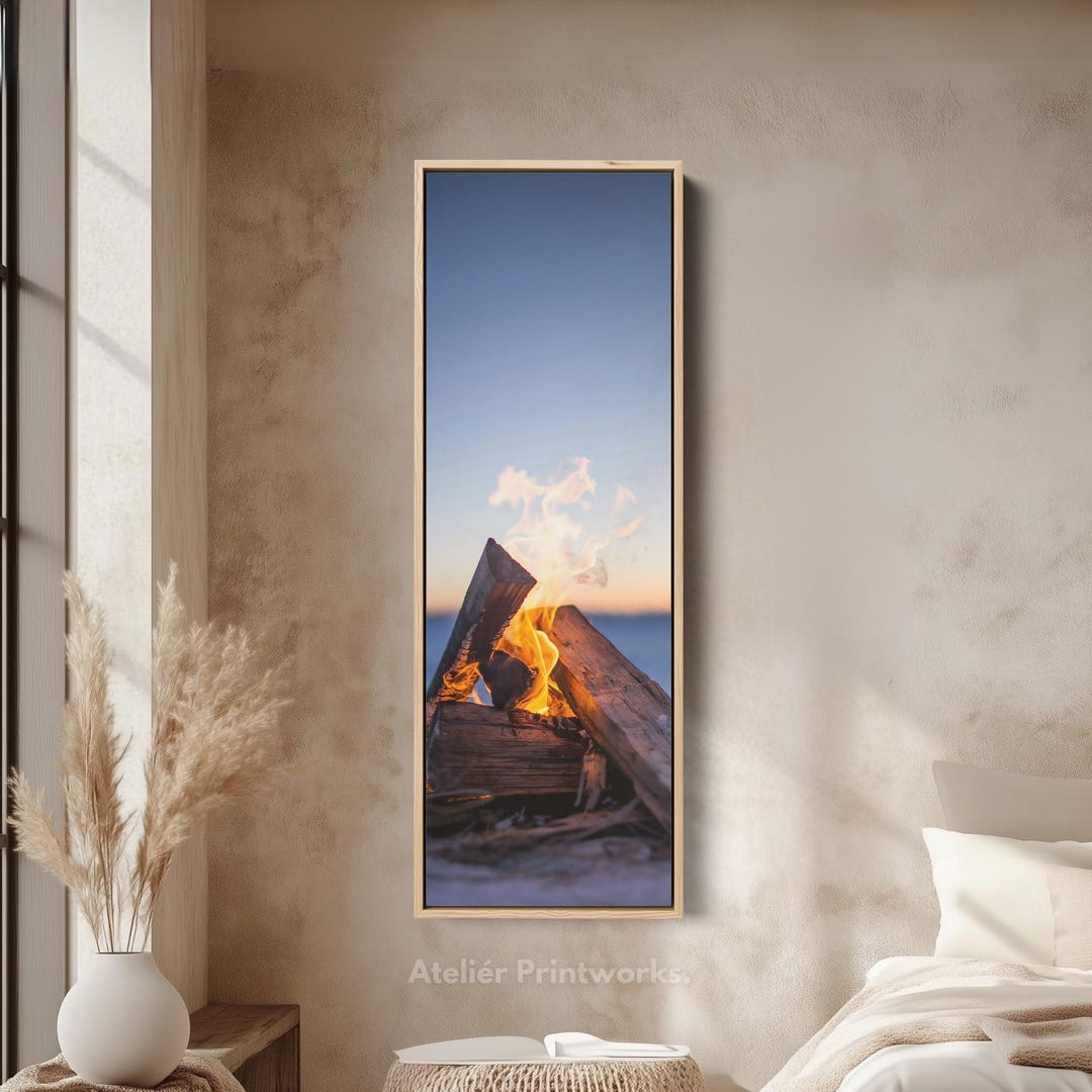 VERTICAL CAMPFIRE Narrow Wall Art of Glowing Flames and Wood Tones ...