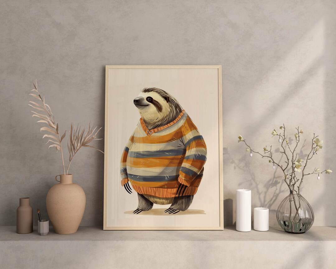 Sloth Wall Art With Woolly Jumper, Quirky Animal Print, Fun Home Decor ...