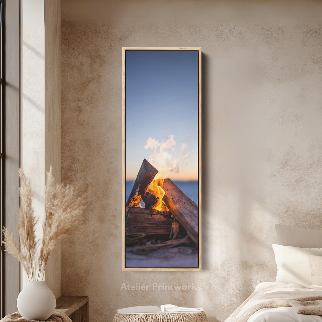 VERTICAL CAMPFIRE Narrow Wall Art of Glowing Flames and Wood Tones ...