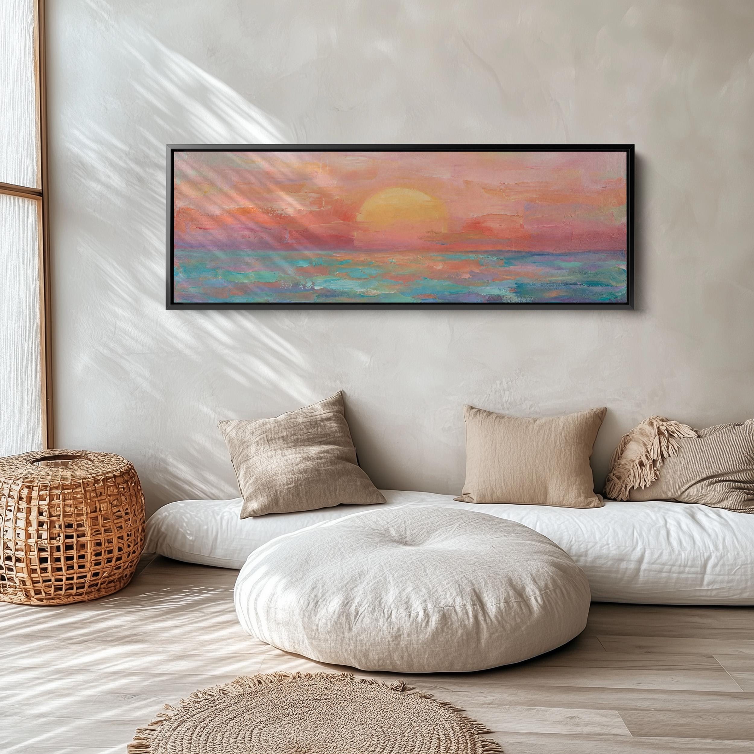 ABSTRACT SUNSET SEASCAPE Horizontal Wall Art With Pastel Brush Strokes ...