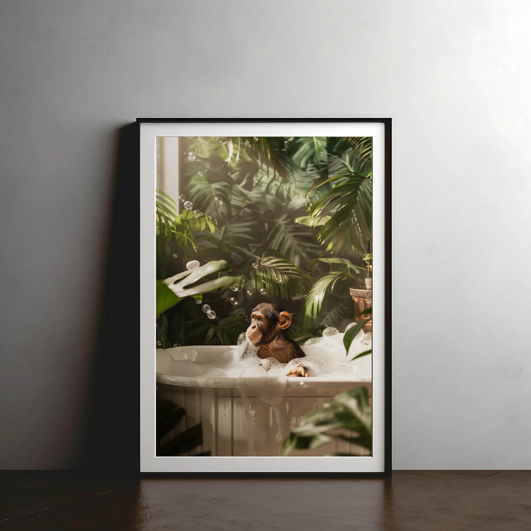 Adorable Monkey in Tub Poster, Tropical Jungle Bath Scene, Fun Nursery ...