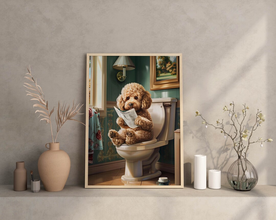 Cavapoo Wall Art Print, Humorous Dog on Toilet Reading, Unique Home ...
