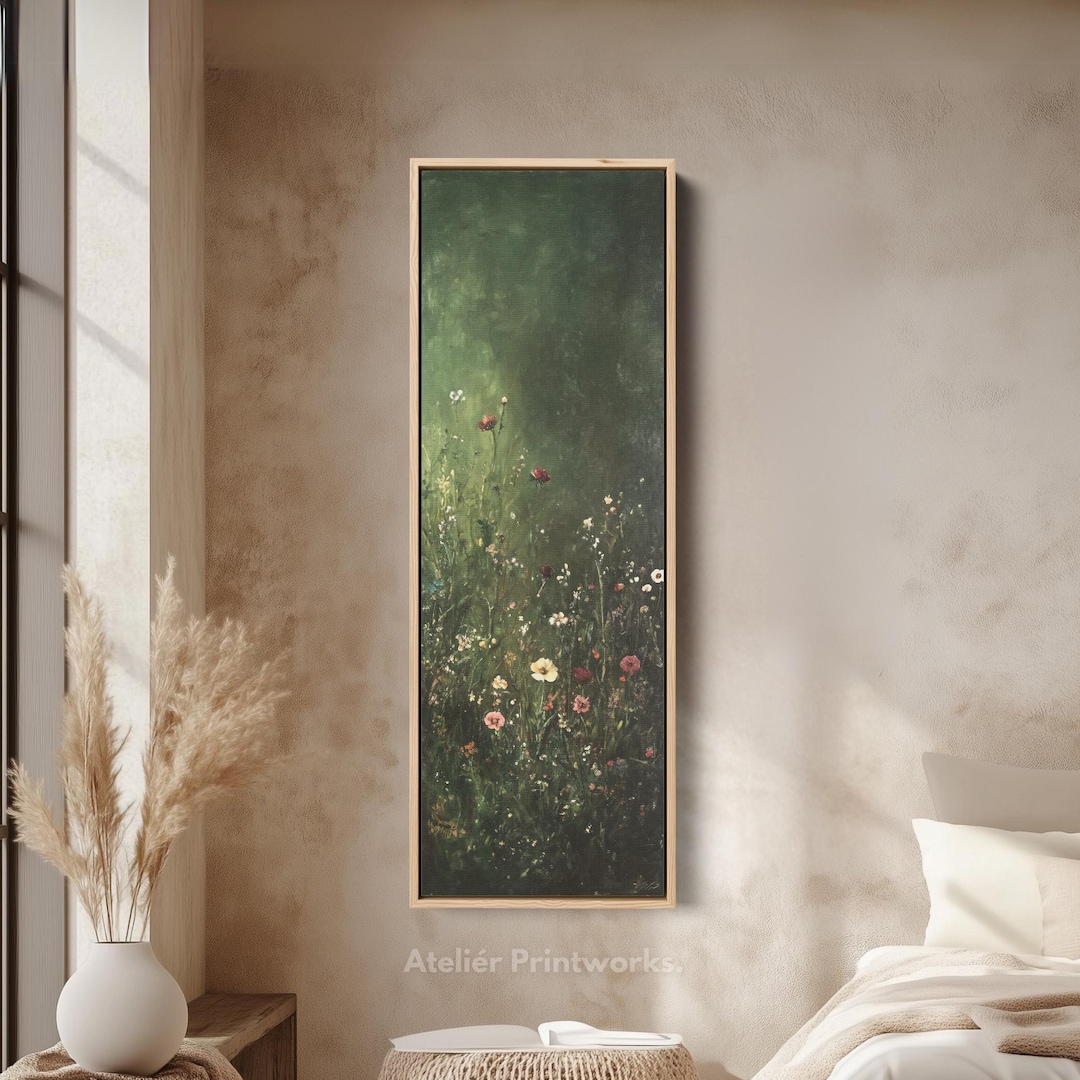 COTTAGECORE MEADOW BLOOMS Vertical Wall Art in Deep Green With Soft ...