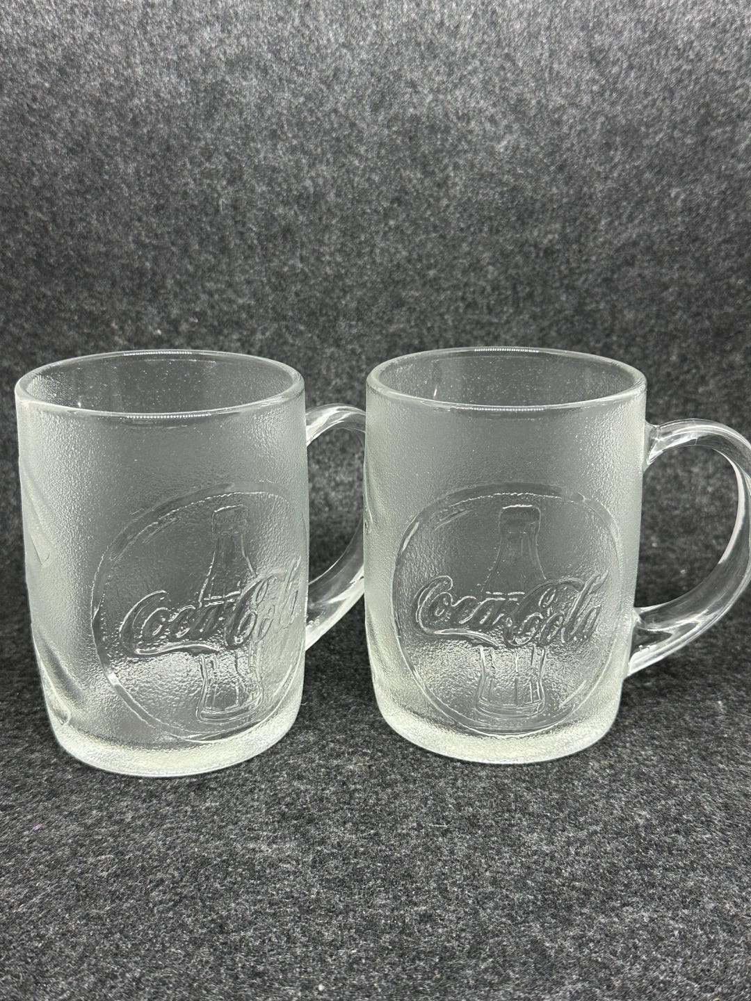 Coca Cola Frosted Embossed Clear Glass Mug Cup Set of 2 Vintage Style ...