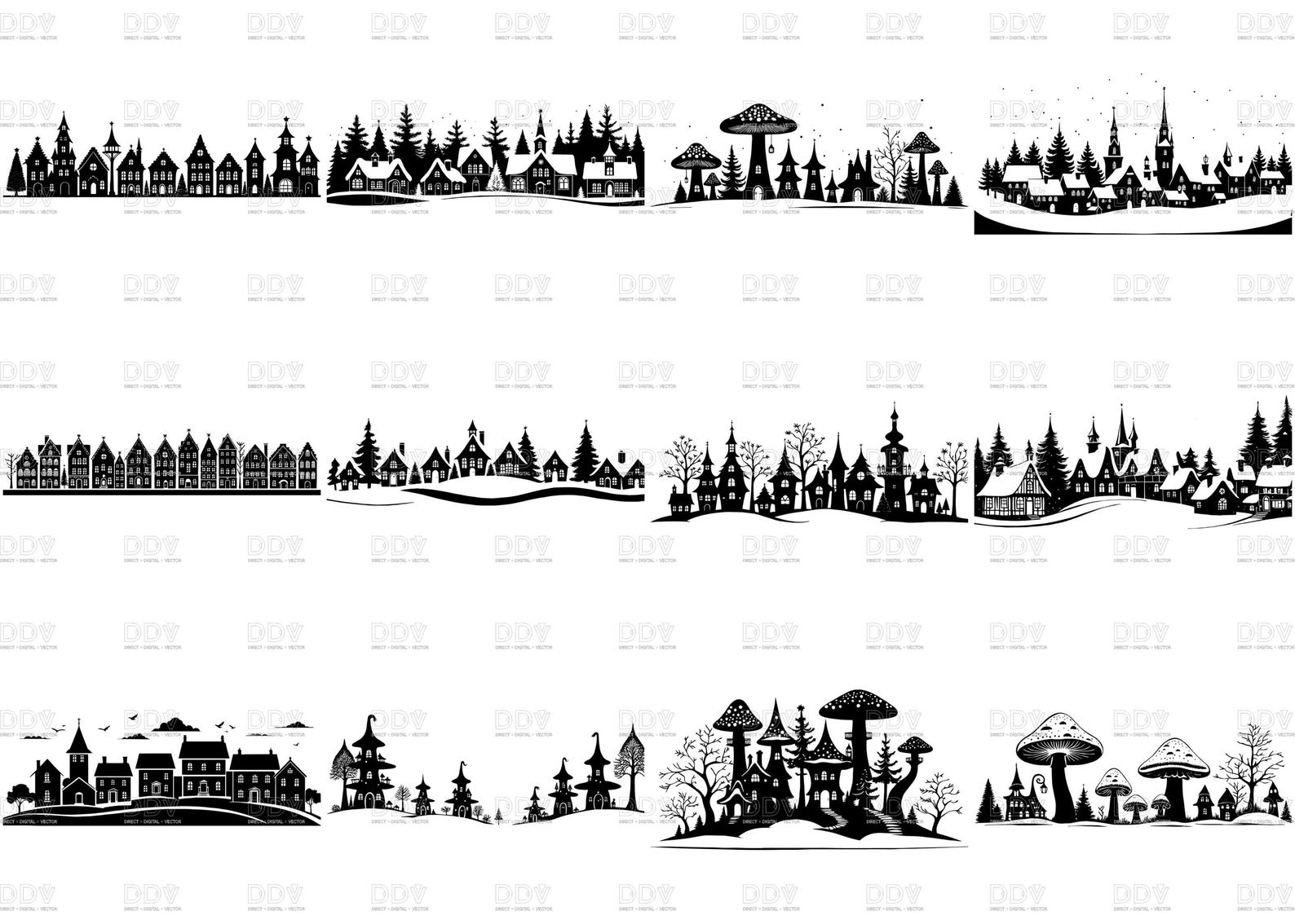 Christmas Village SVG Bundle: Silhouette Town Scape (digital Download ...