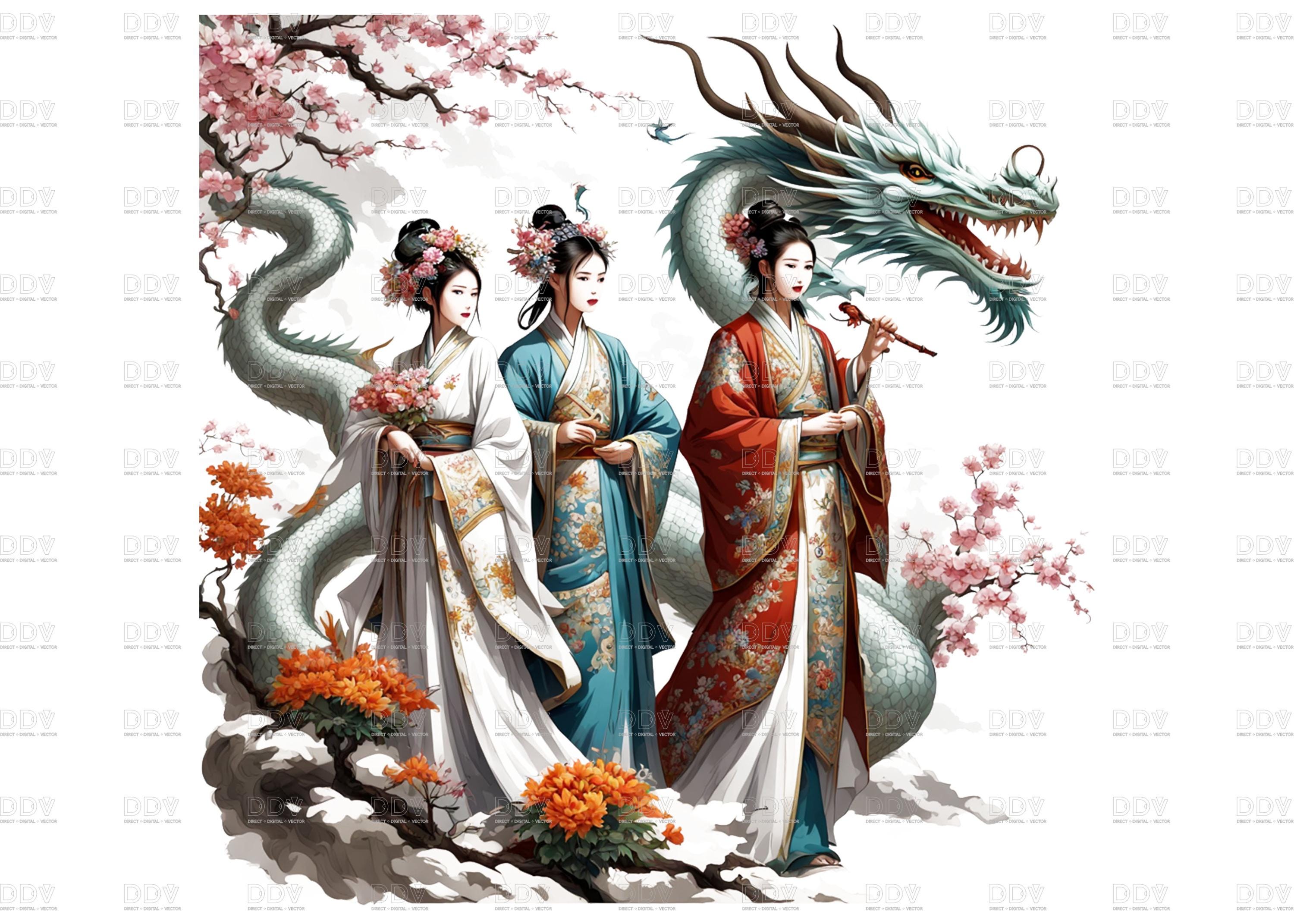 Geisha and Dragon Clipart Png, Geisha Clipart, Dragon Png, Japanese ...