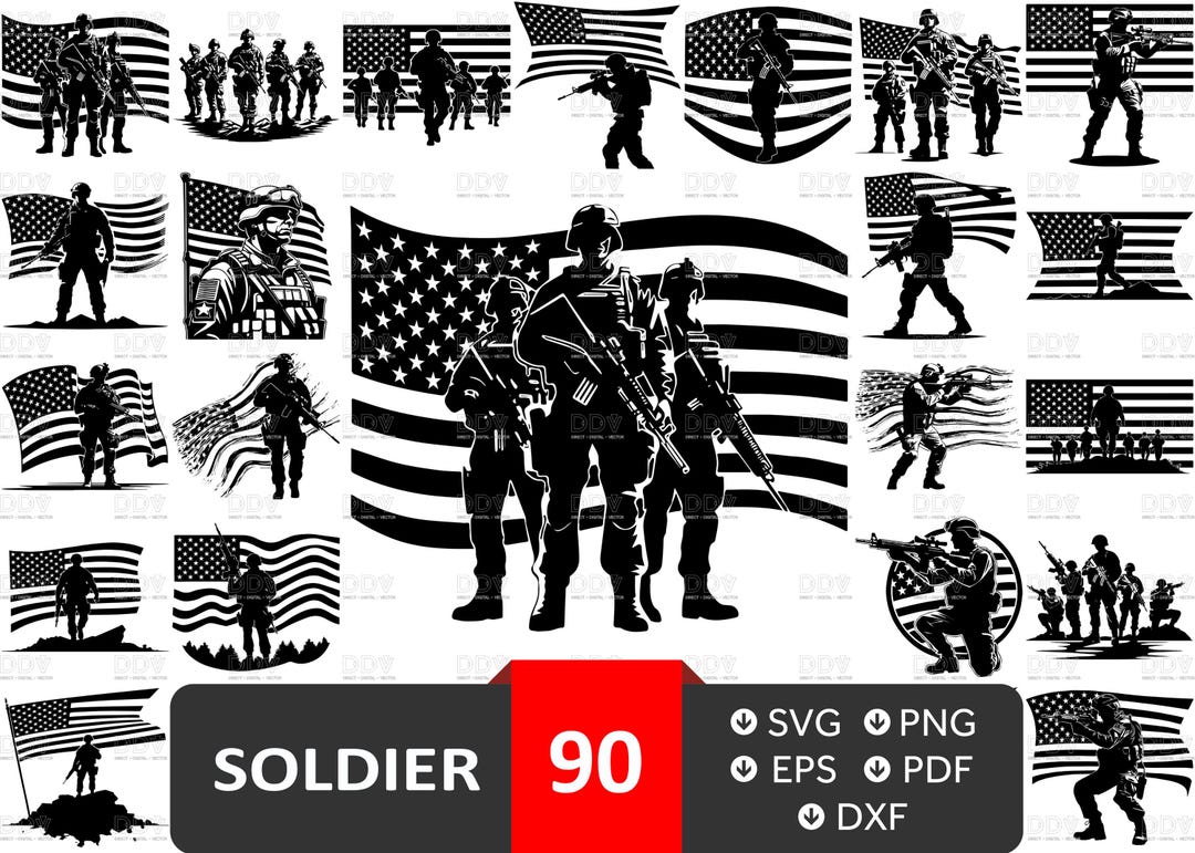 Soldier Silhouette SVG Bundle: Military Clipart, Vector Cut Files (100 ...