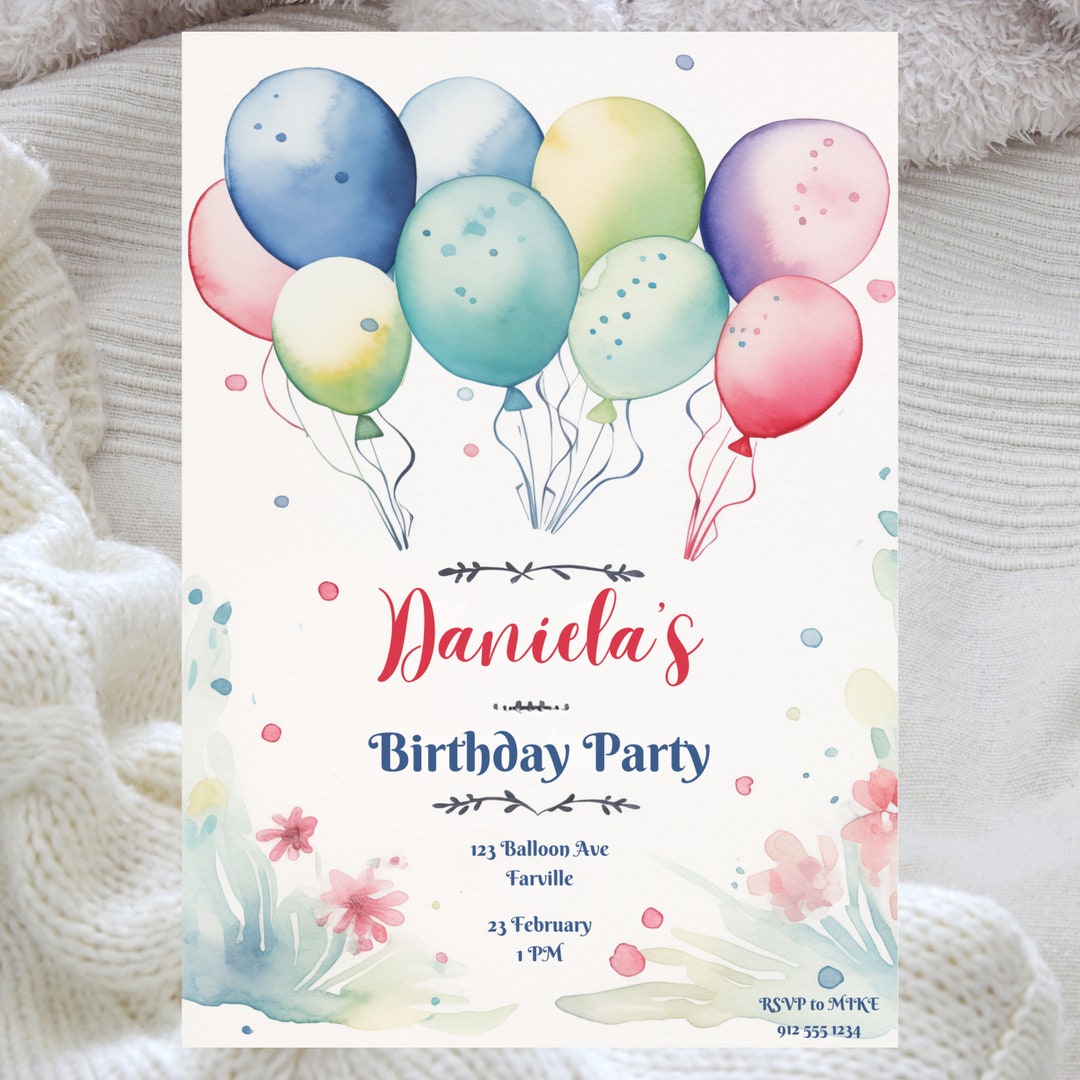 Balloon Birthday Invitation Template, Watercolor Birthday Invite, First ...