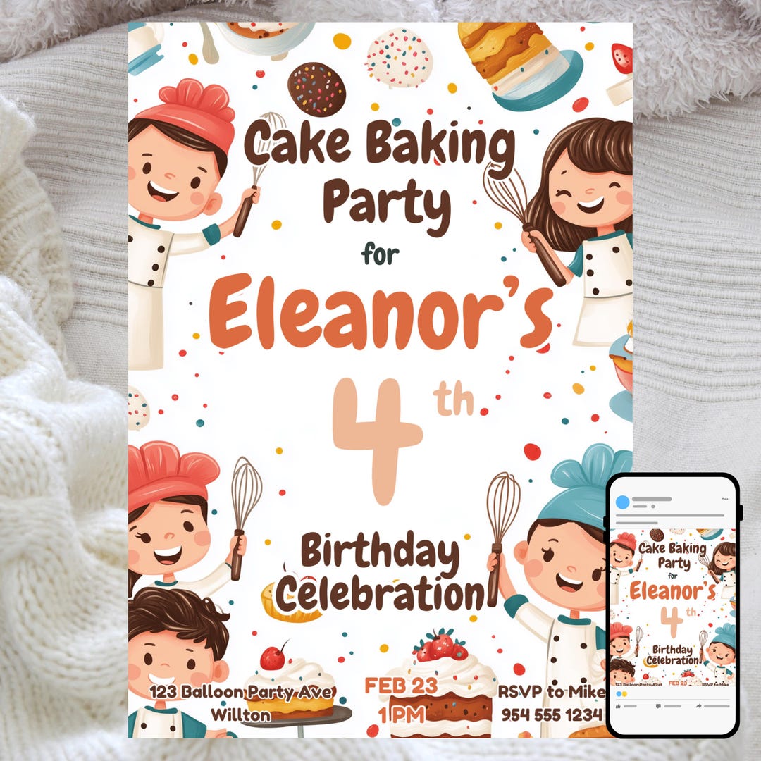 Baking Party Birthday Invitation, Kids Celebration, Editable Digital ...