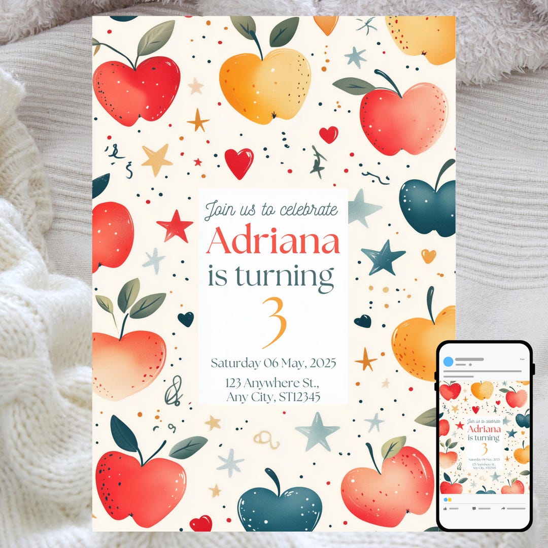 Apple Party Invitation, Kids Birthday Template, Fruit Theme Design ...