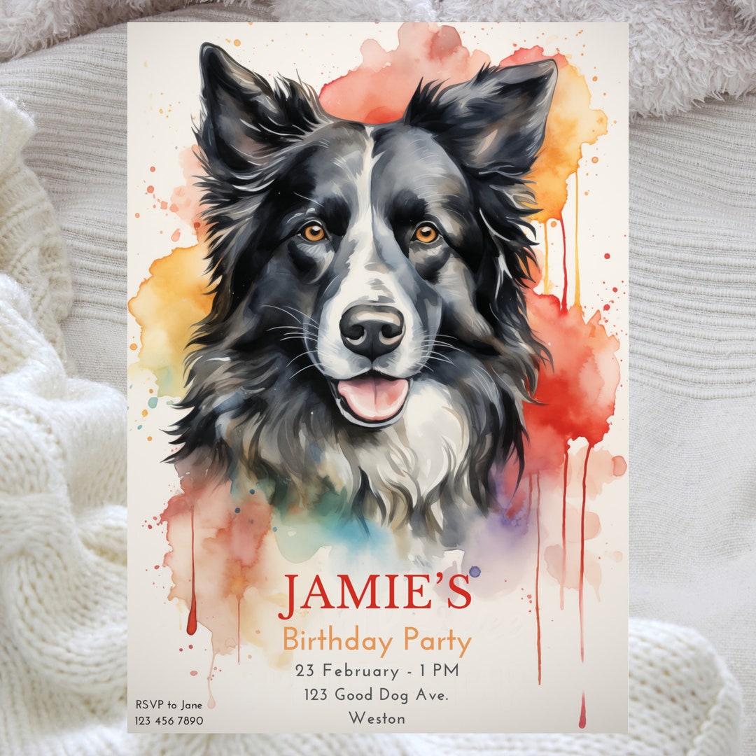Border Collie Birthday Invitation Card, Cute Dog Birthday Card, Dog ...