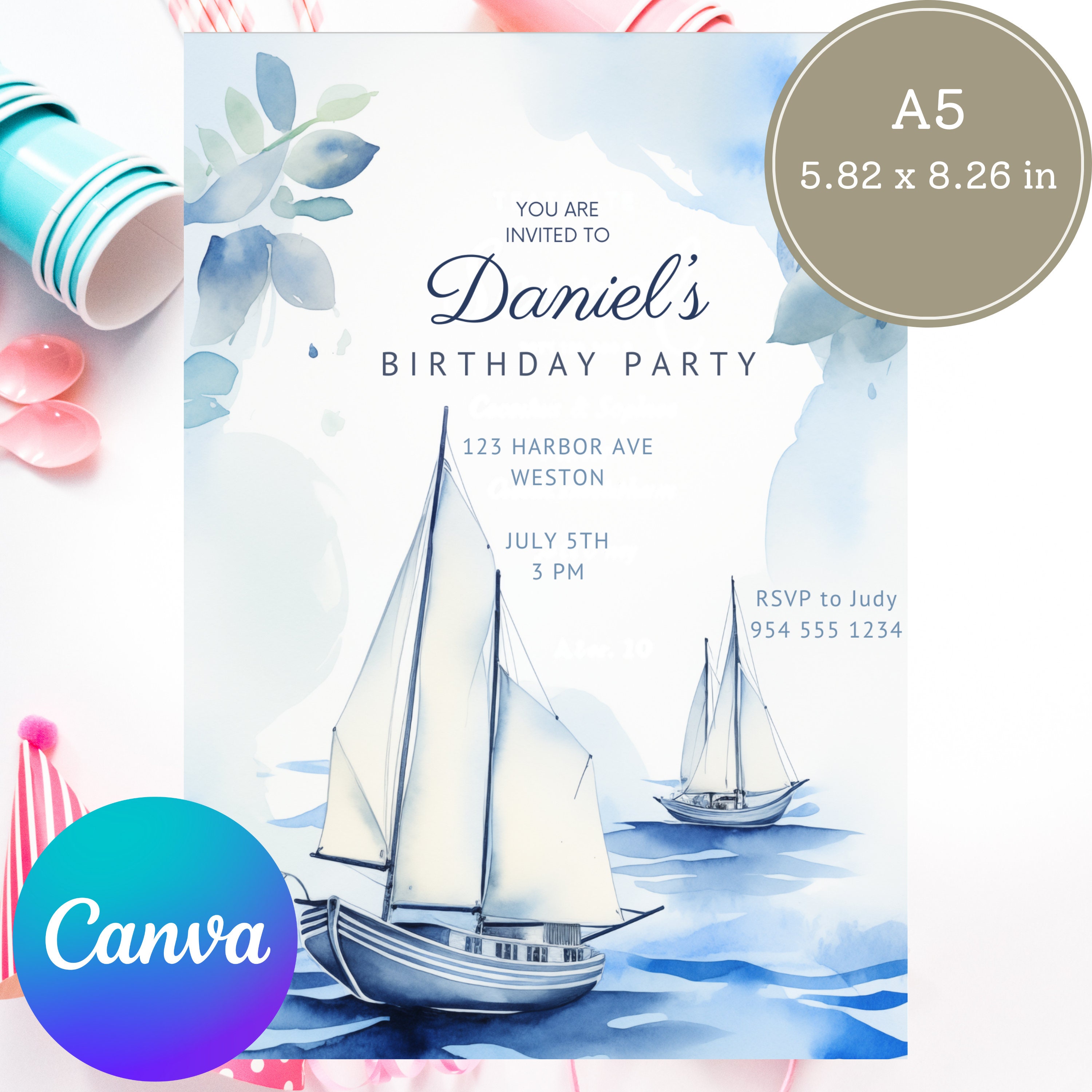 Whimsical Watercolor Boat Theme Invitation for Birthday Party, Yacht ...