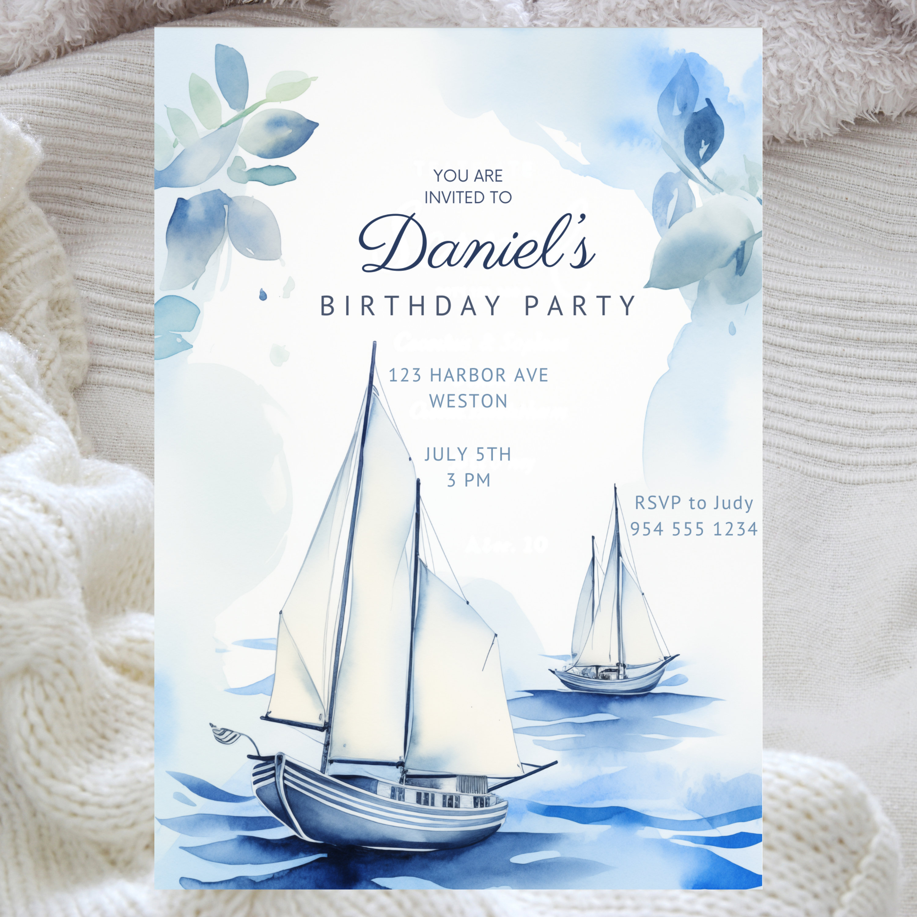 Whimsical Watercolor Boat Theme Invitation for Birthday Party, Yacht ...