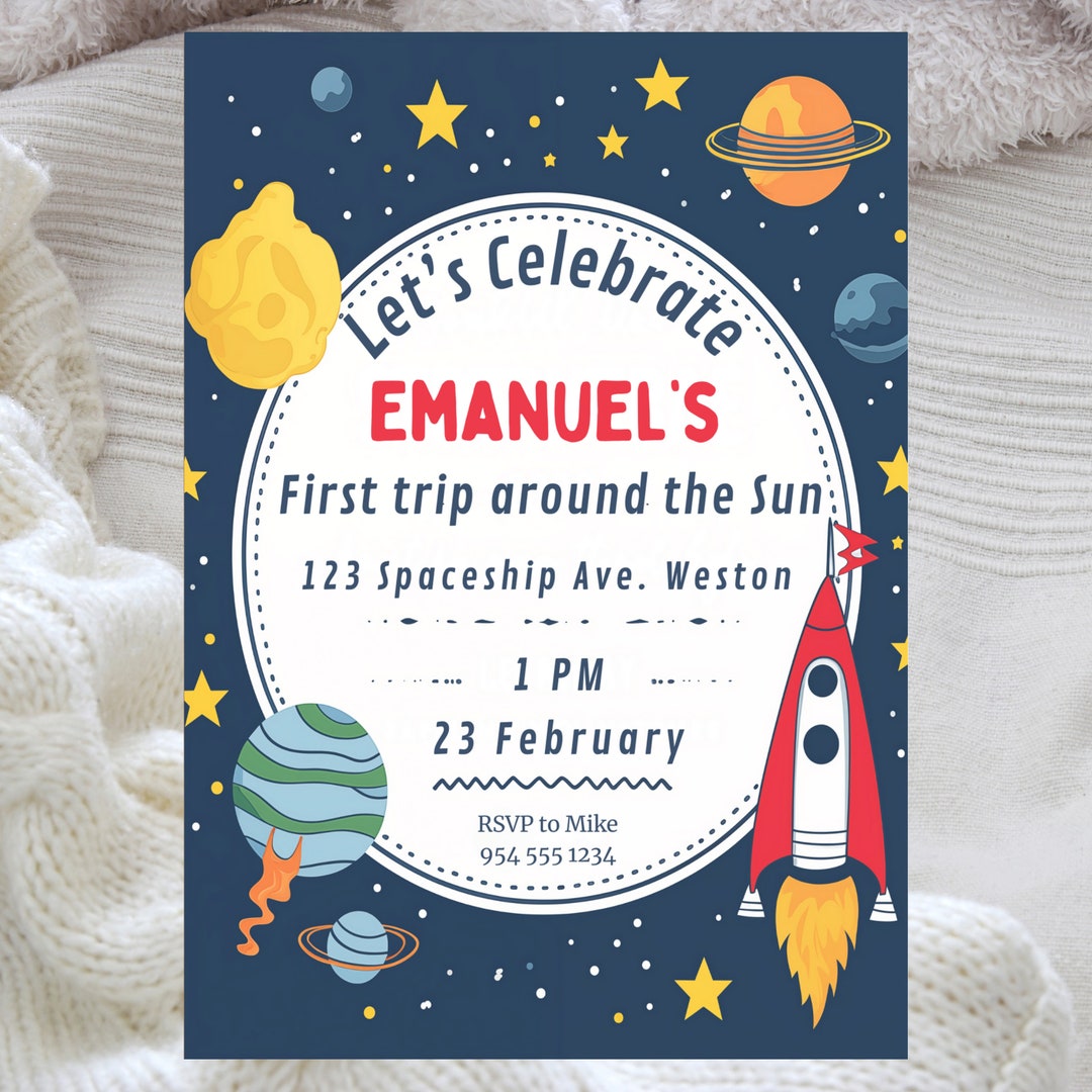Outer Space First Birthday Invitation, Space Rocket Themed Party Invite ...