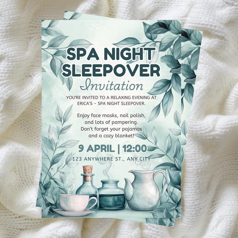Spa Night Sleepover Invitation: Girls Relaxation Party (editable ...