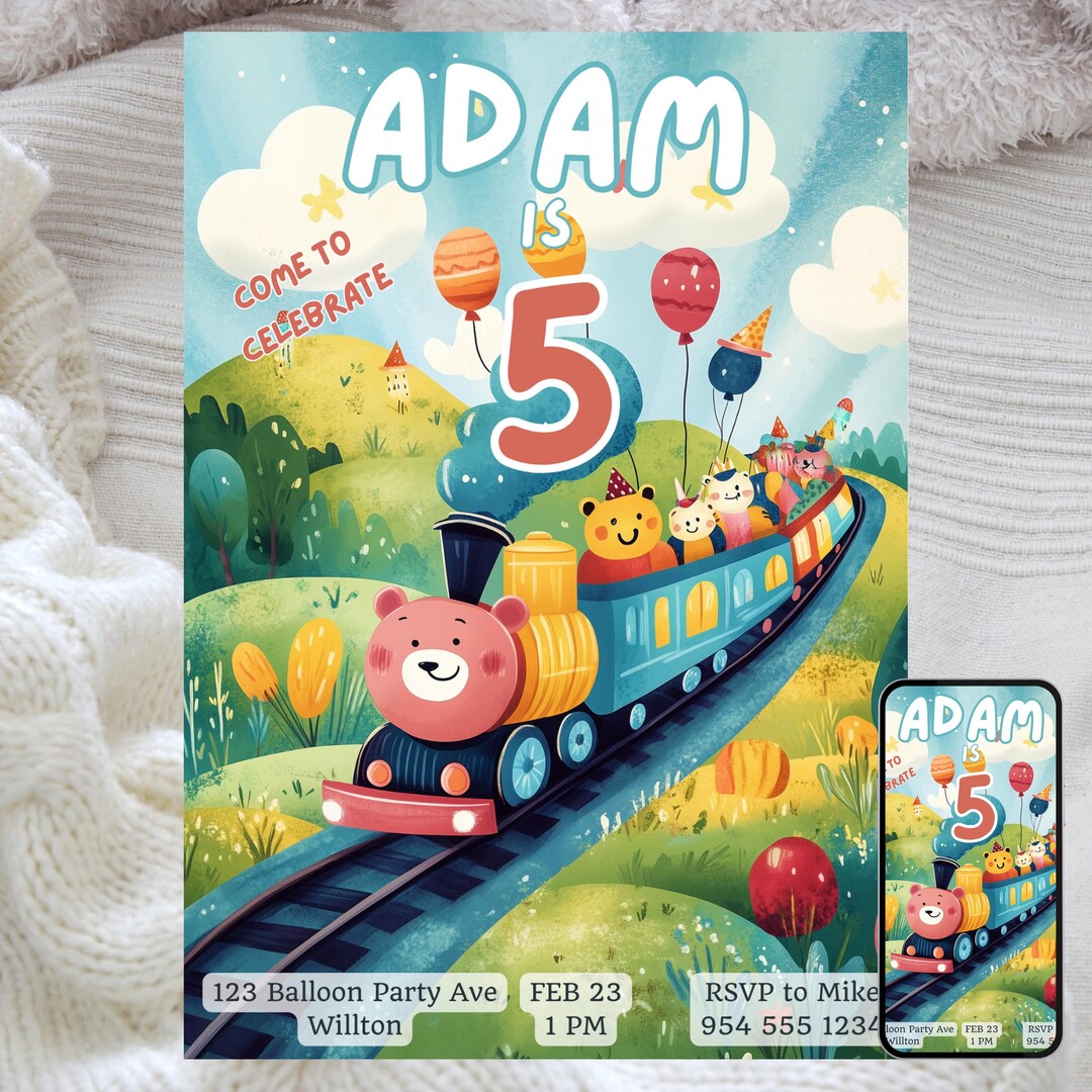 Cute Train Birthday Invite, Friends Celebration, Playful Drawn Design ...