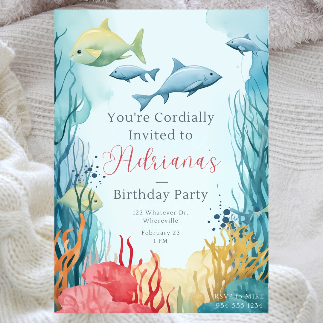 Watercolor Sea Life Birthday Invitation: Ocean Animals (instant ...