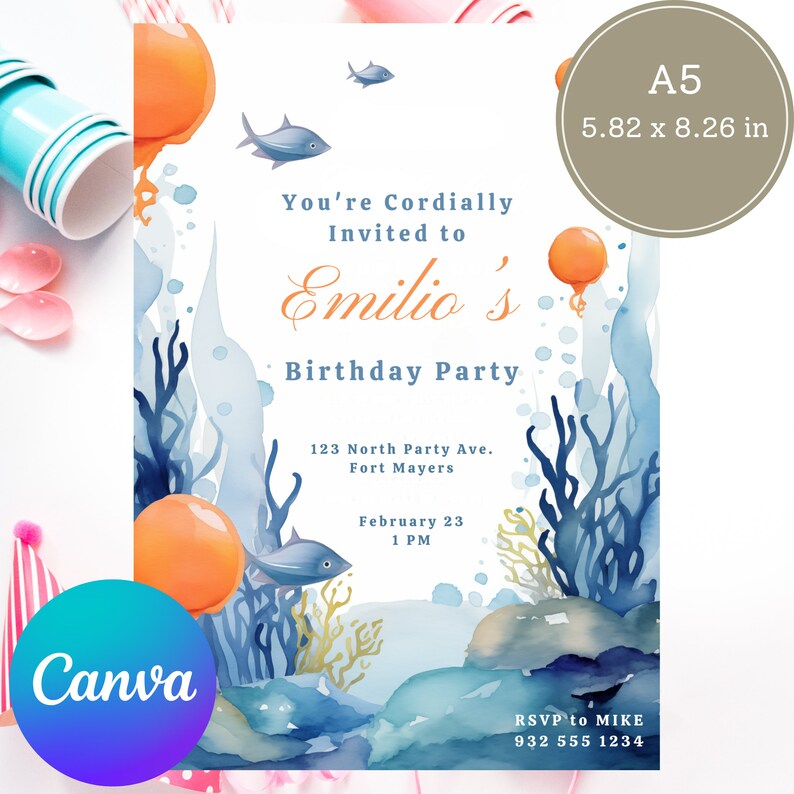 Editable Ocean Animals Party Invite, Under the Sea Birthday Invitation ...
