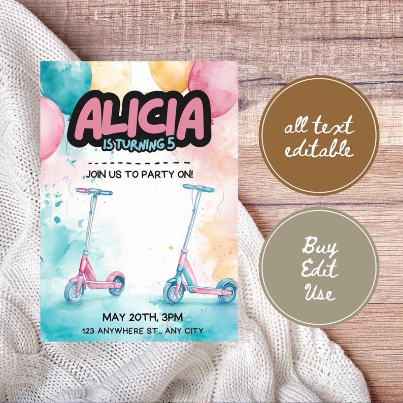 Scooter Birthday Party Invitation: Pink Teal Balloons (editable ...