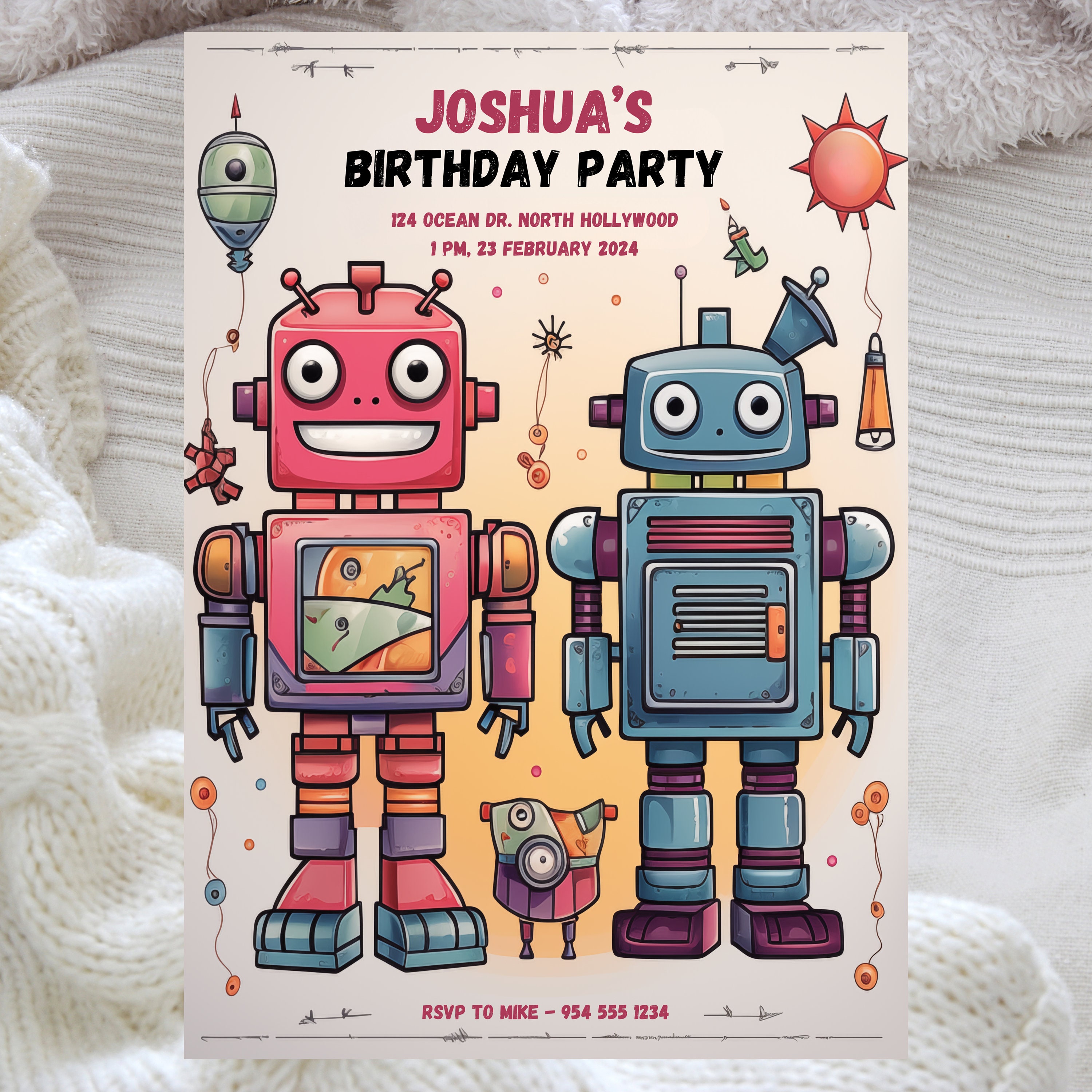 Editable Robot Birthday Invitation Template, Customisable Kids Party ...