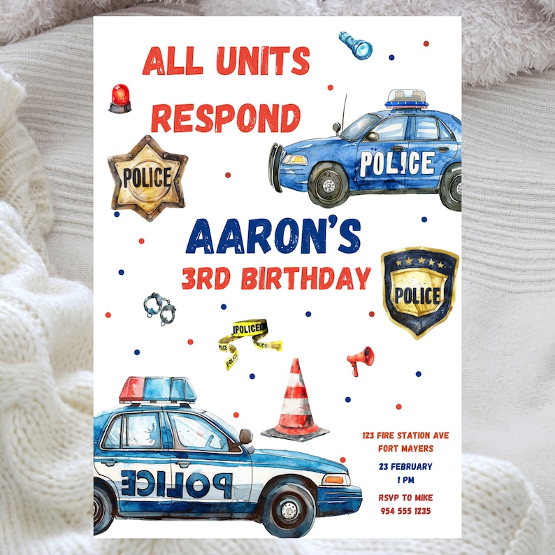 Police Car Birthday Invitation: Emergency Vehicles, Canva Template ...