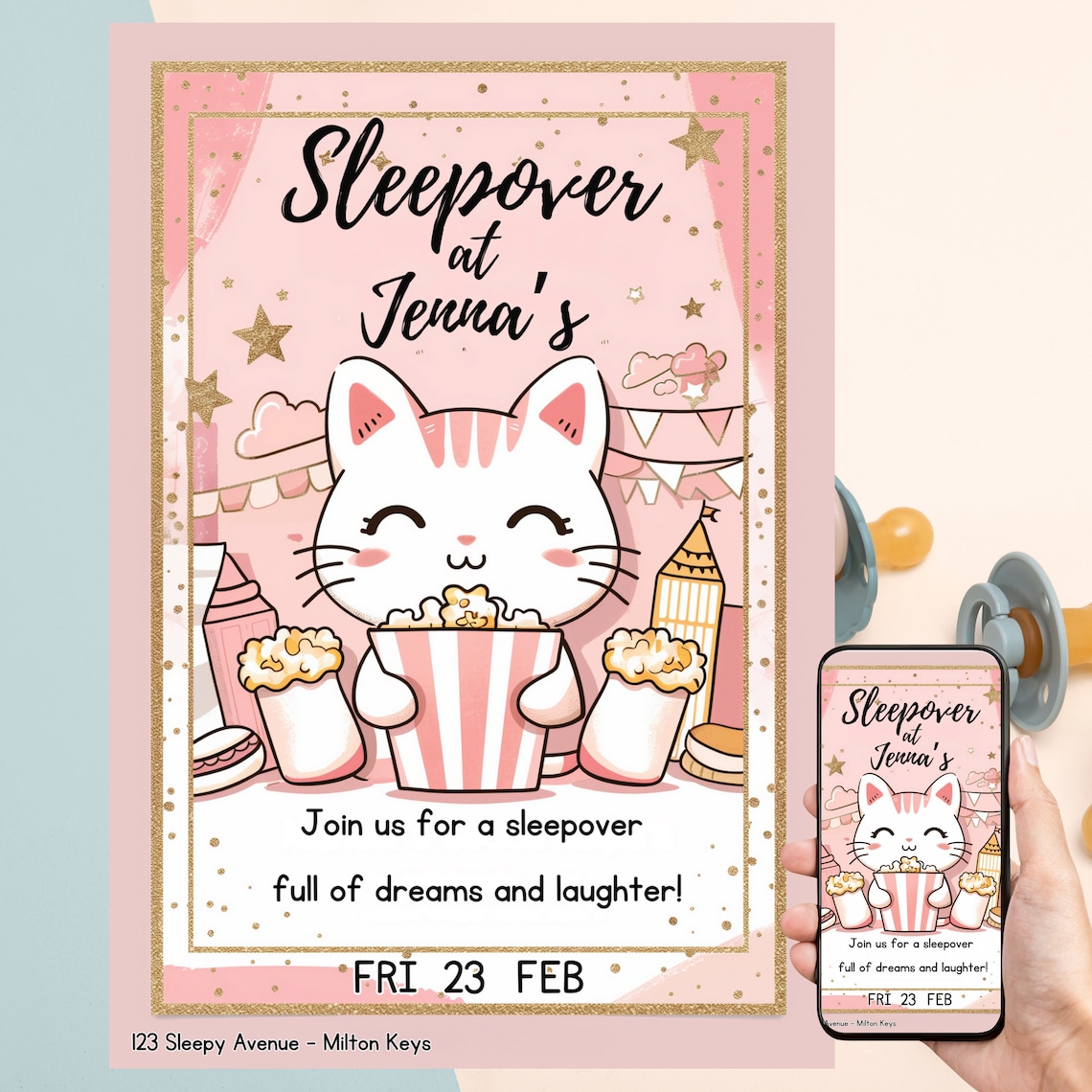Editable Sleepover Party Invitation, Slumber Party Invite, Cute Cat ...