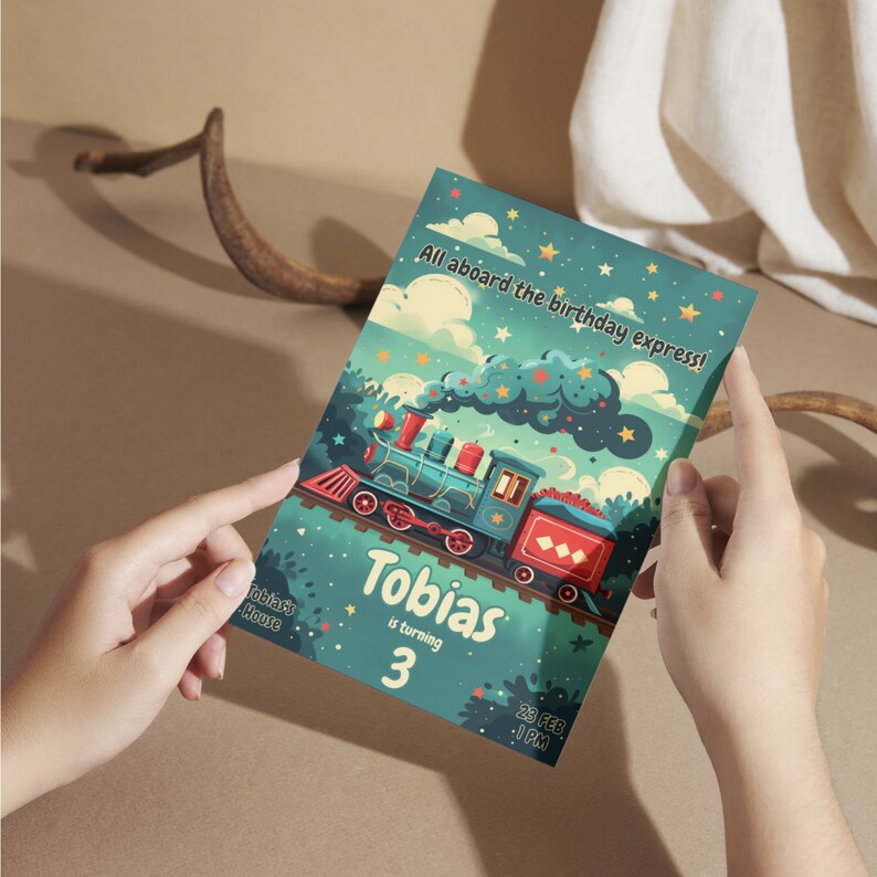 Vintage Steam Engine Birthday Invitation: Train Theme Party (digital ...