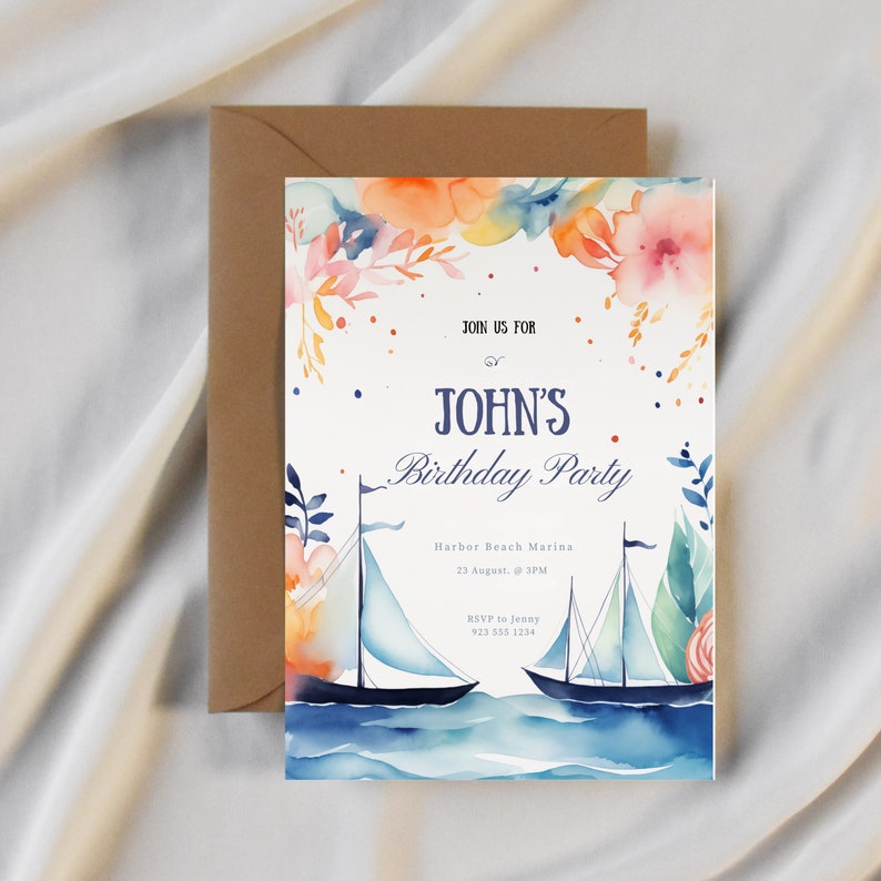 Nautical Watercolor Boat Birthday Party Invitation, Yacht Party ...