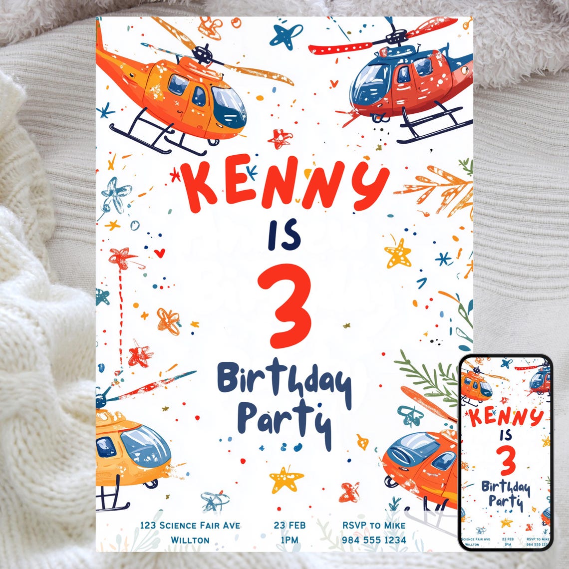 Editable Kids Helicopter Birthday Party Invitation, Fly High ...