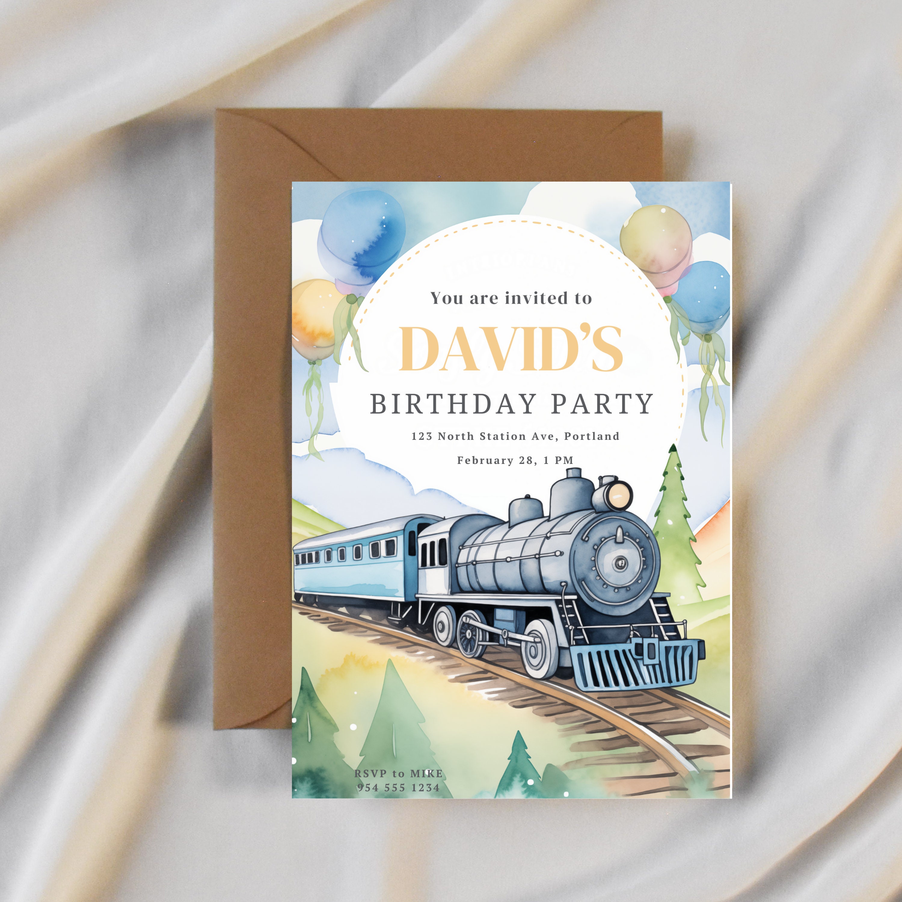 Watercolor Train Birthday Invitation: Chugga Choo-choo Design (digital ...