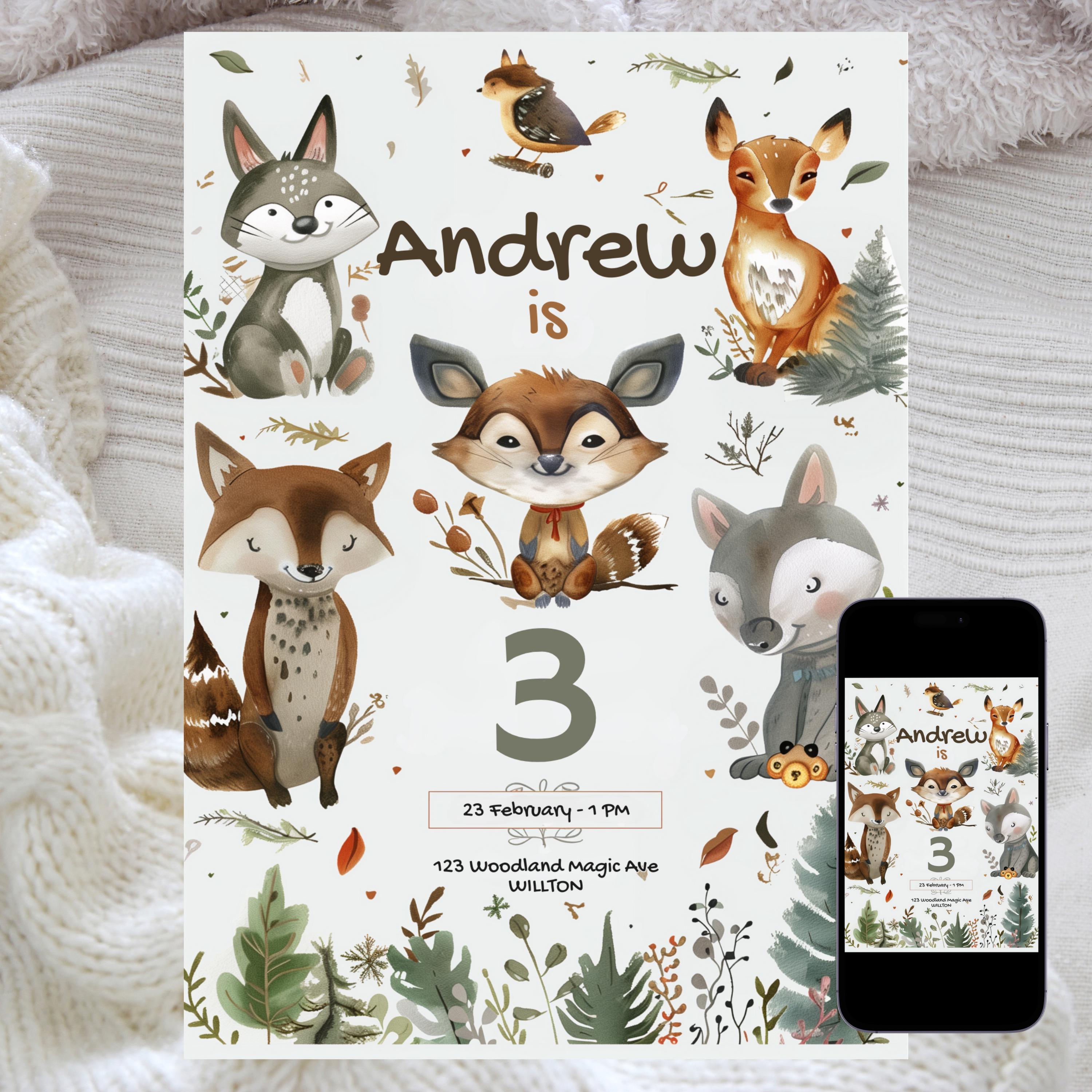 Editable Woodland Animals Birthday Invitation, Forest Adventure Party ...