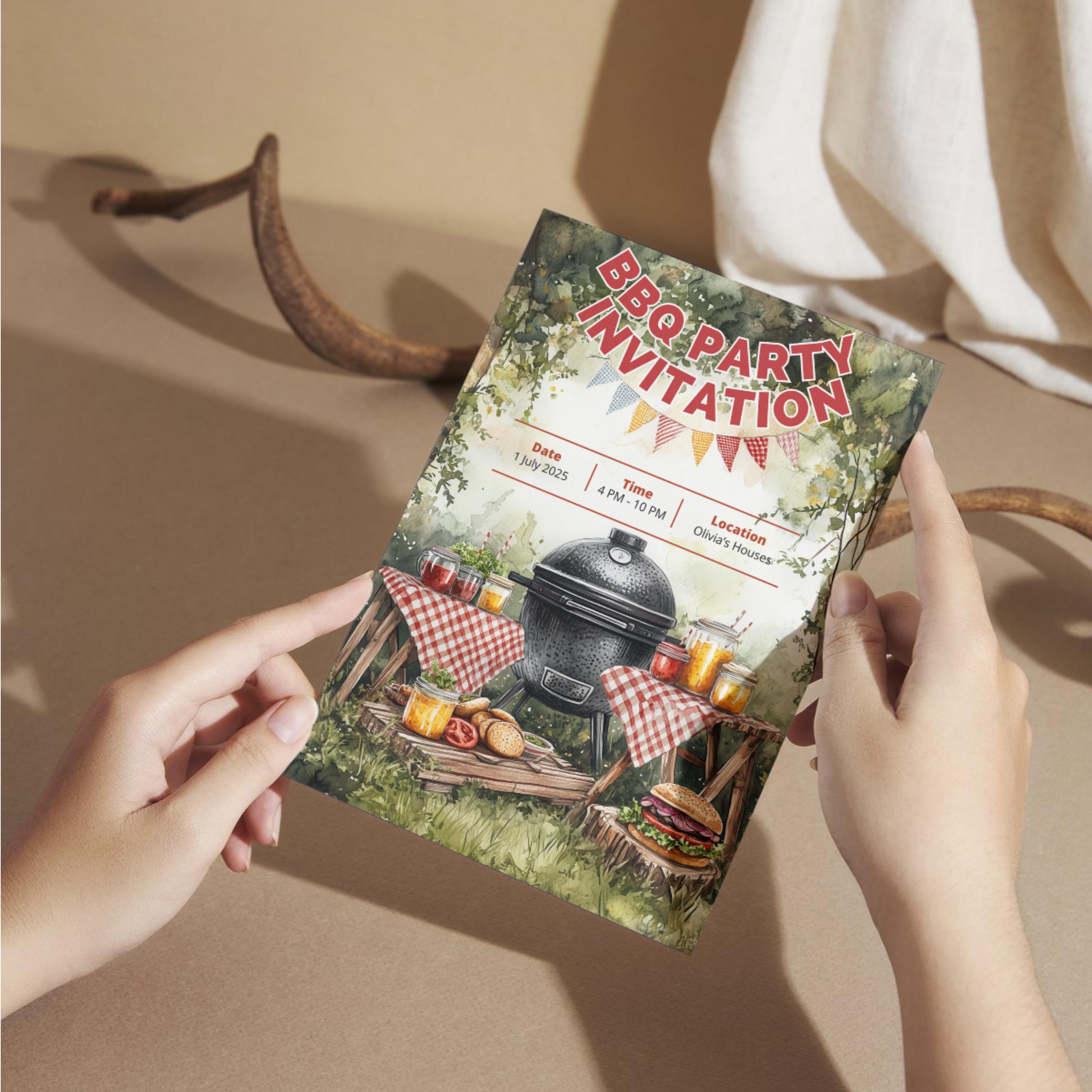 BBQ Party Invitation, Summer Cookout Invite, Rustic Backyard BBQ Design ...