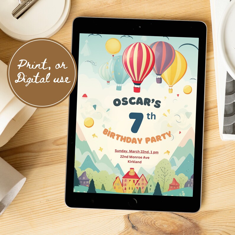 Editable Hot Air Balloon Birthday Invitation Template (digital Download ...