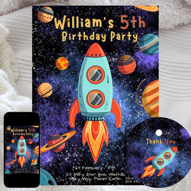 Space Rocket Birthday Invitation Bundle: Canva Template (digital ...
