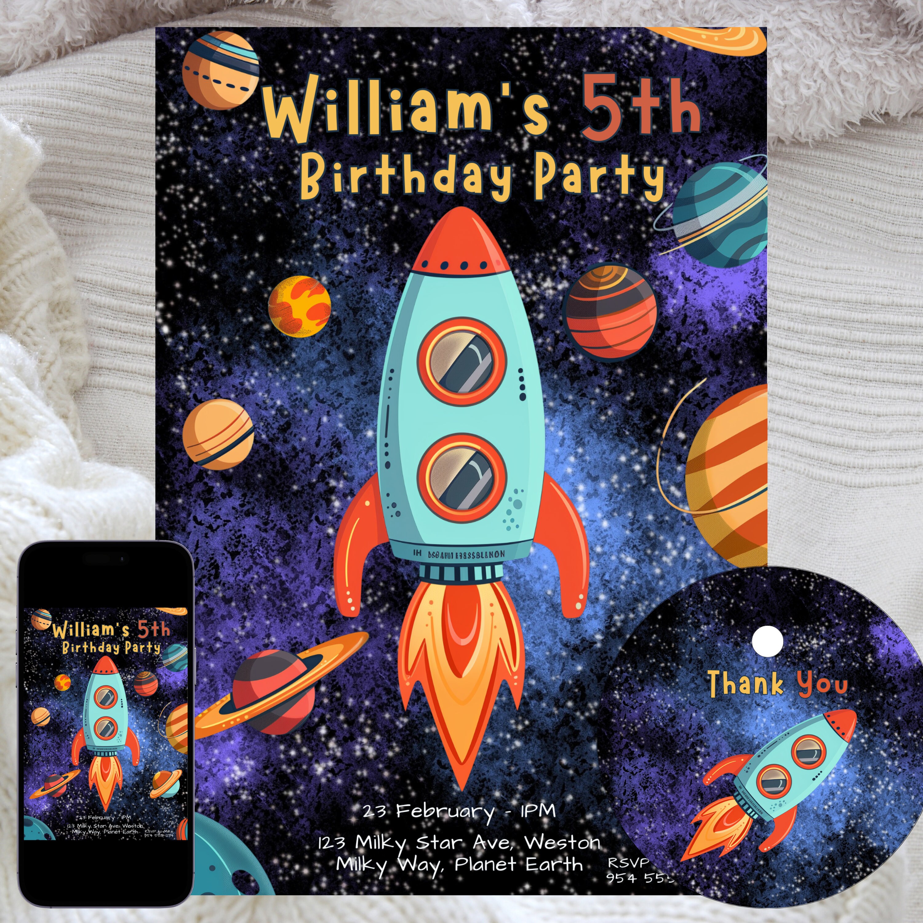 Space Rocket Birthday Invitation Bundle: Canva Template (digital ...