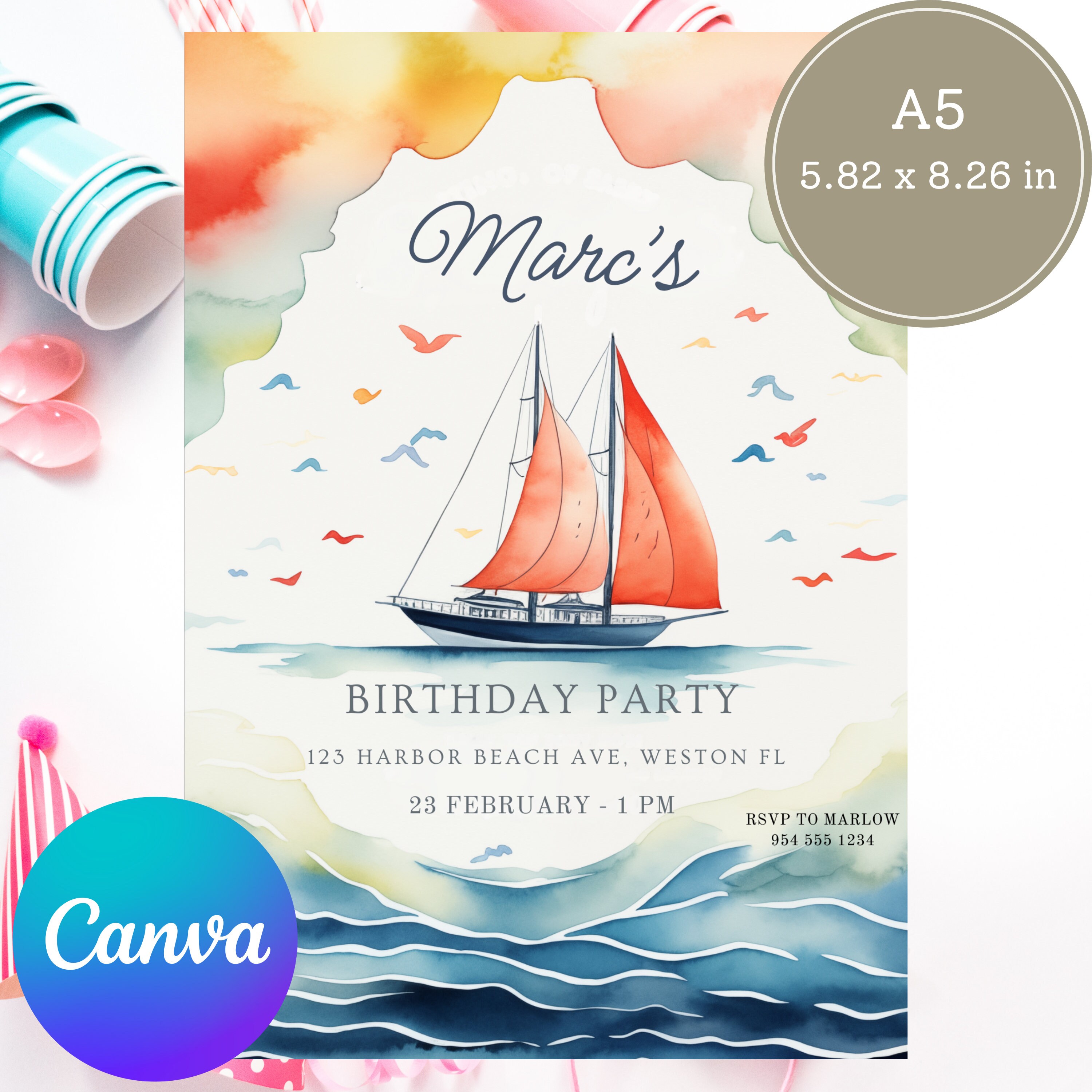 Personalized Watercolor Boat Birthday Invitation Template, Party at Sea ...