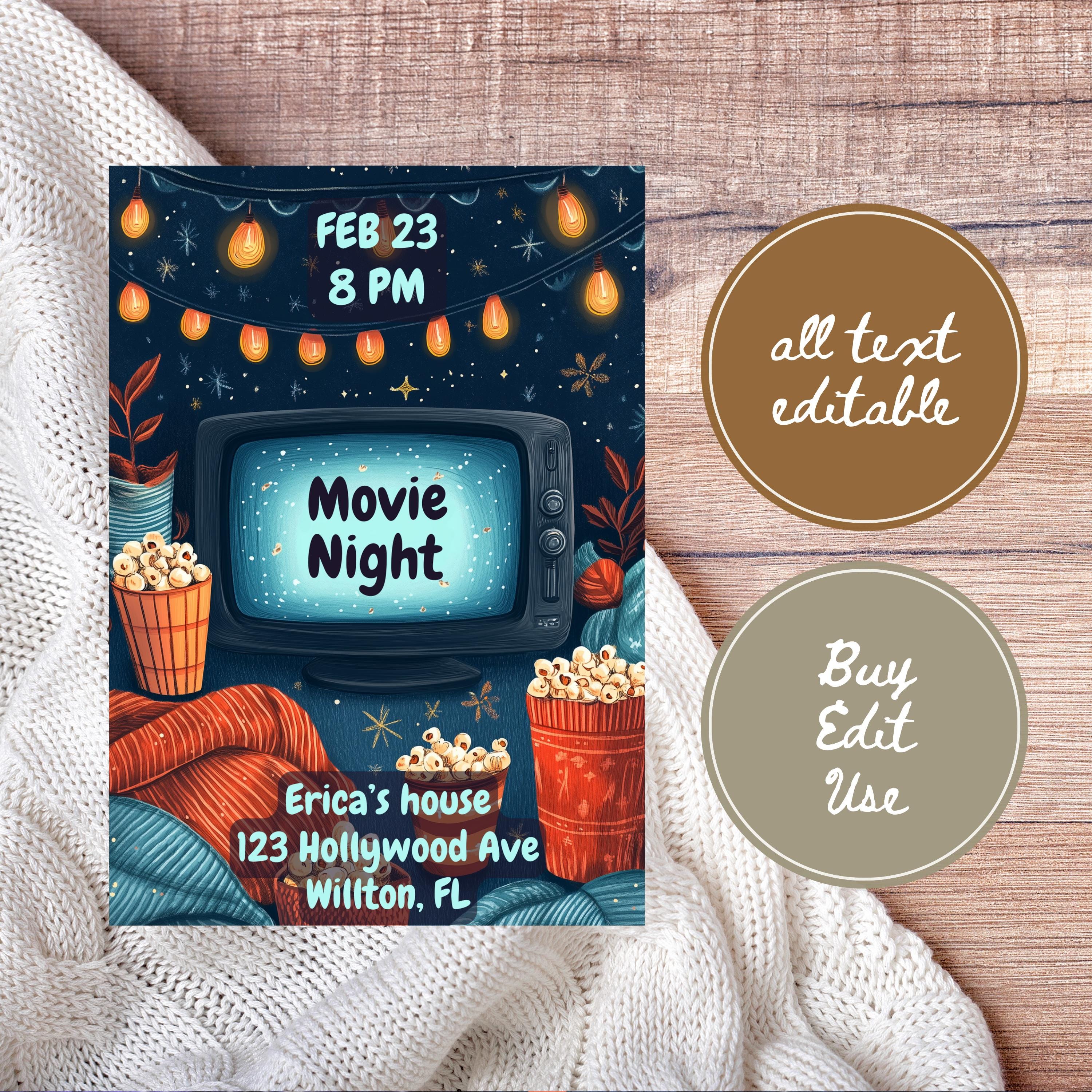Movie Night Invitation: Popcorn Party, Editable Template (digital ...