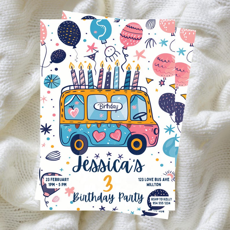 Cute Cartoon Bus Birthday Invitation, Editable School Bus Party Invite ...