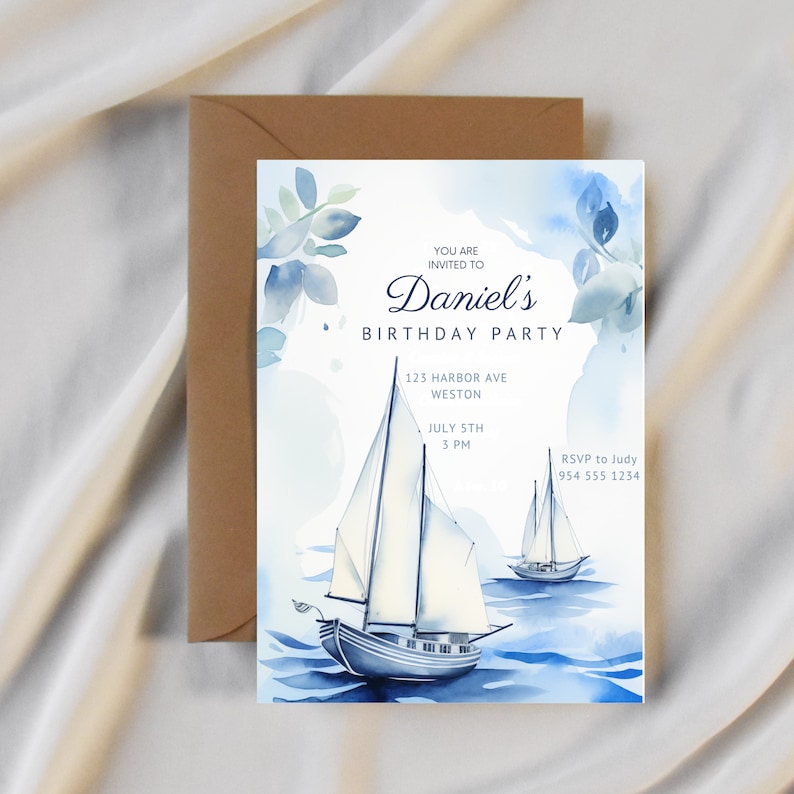Watercolor Boat Birthday Invitation: Nautical Yacht Party (canva ...