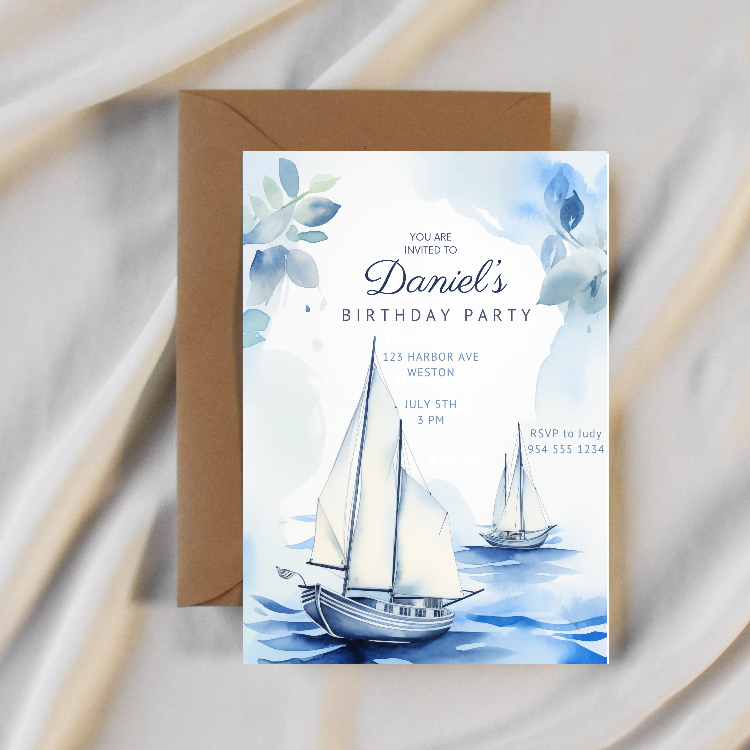 Whimsical Watercolor Boat Theme Invitation for Birthday Party, Yacht ...