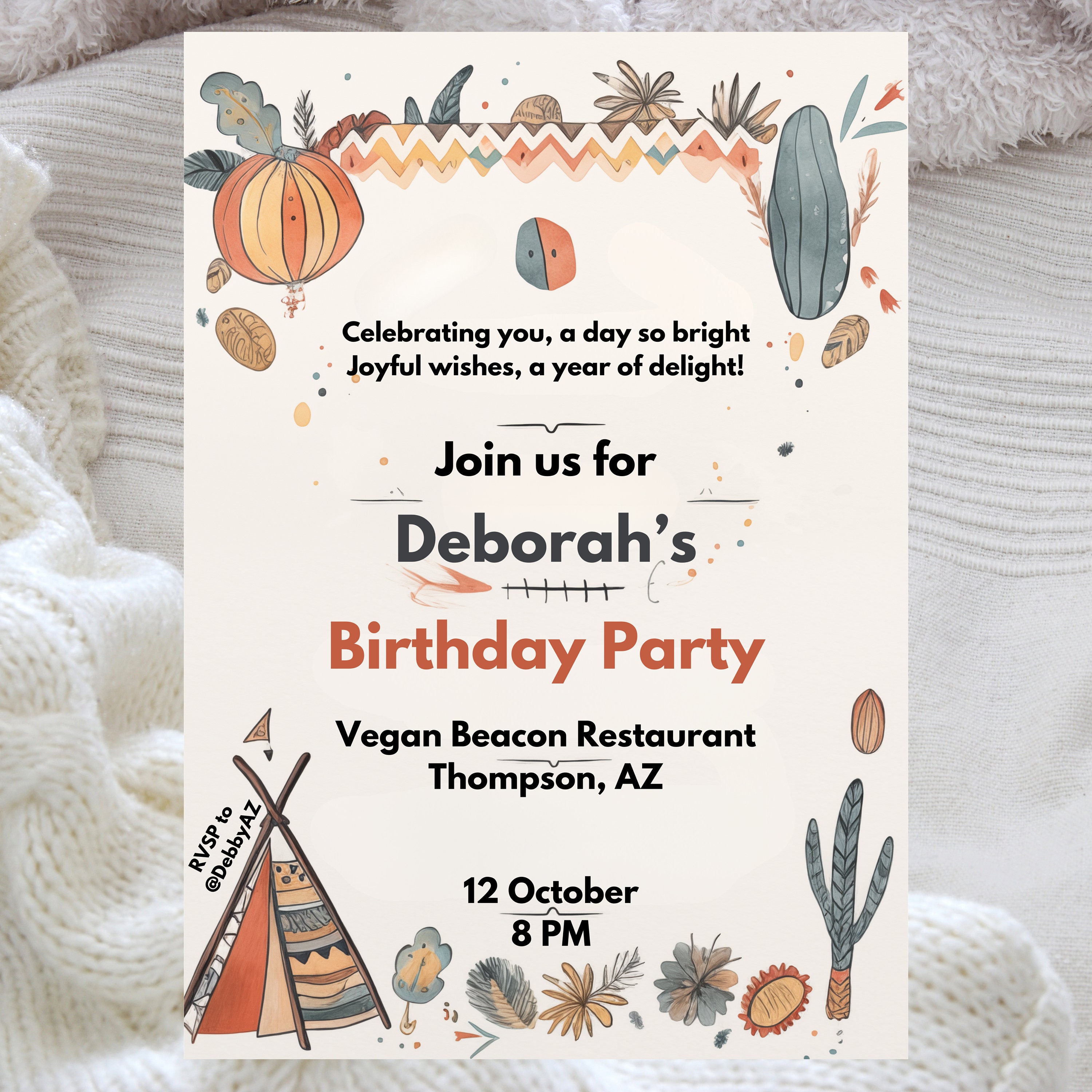 Editable Native American Birthday Invitation, Neutral Colours Printable ...