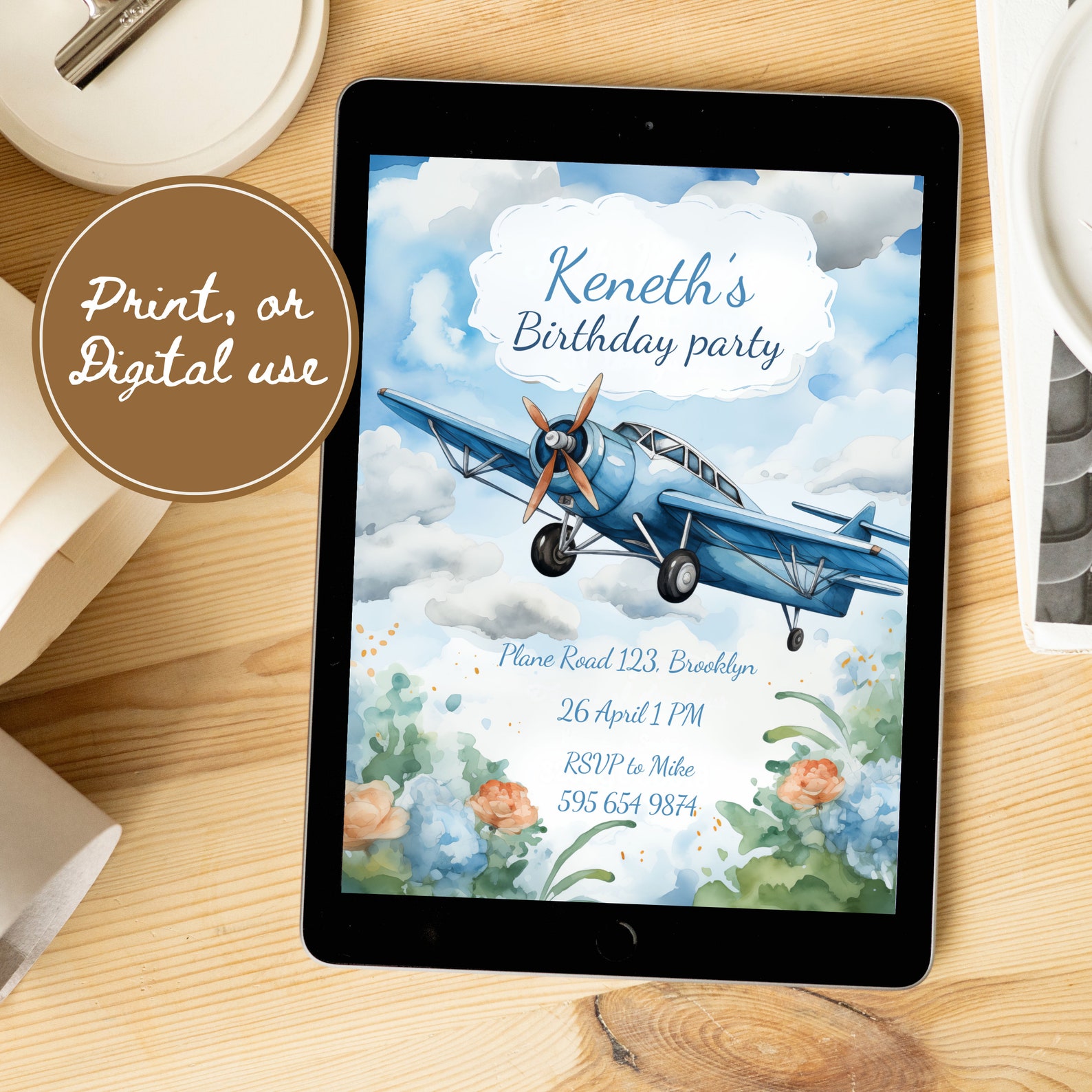 Cute Airplane Birthday Invite, Watercolor Invitation Card Template for ...