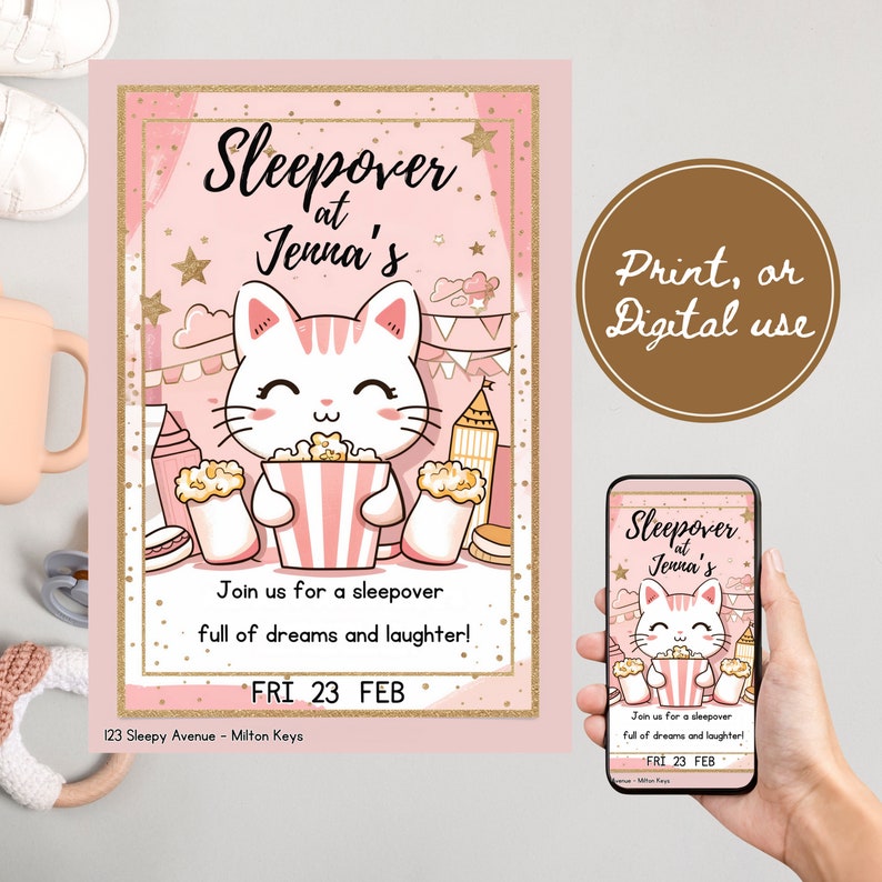 Editable Sleepover Party Invitation Slumber Party Invite Cute Cat
