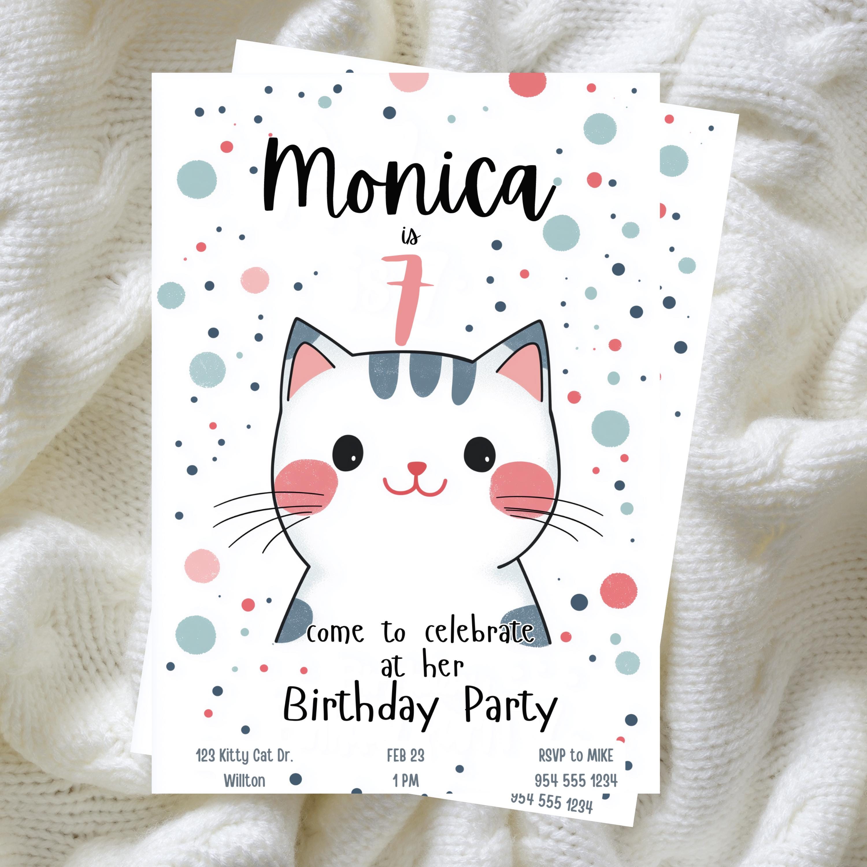 Editable Kawaii Kitty Cat Birthday Invitation: Pastel Kitten Party ...